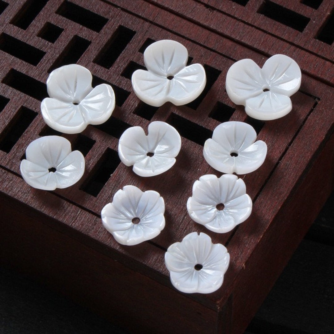 Engraved MOP Petal Beads, Delicate White Shell Flowers, Bead Caps ...