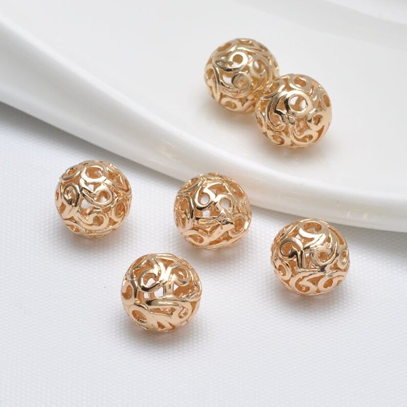 10pcs+spherical Hollow Space Beads, Small Hole Beads, 18K Genuine Gold ...