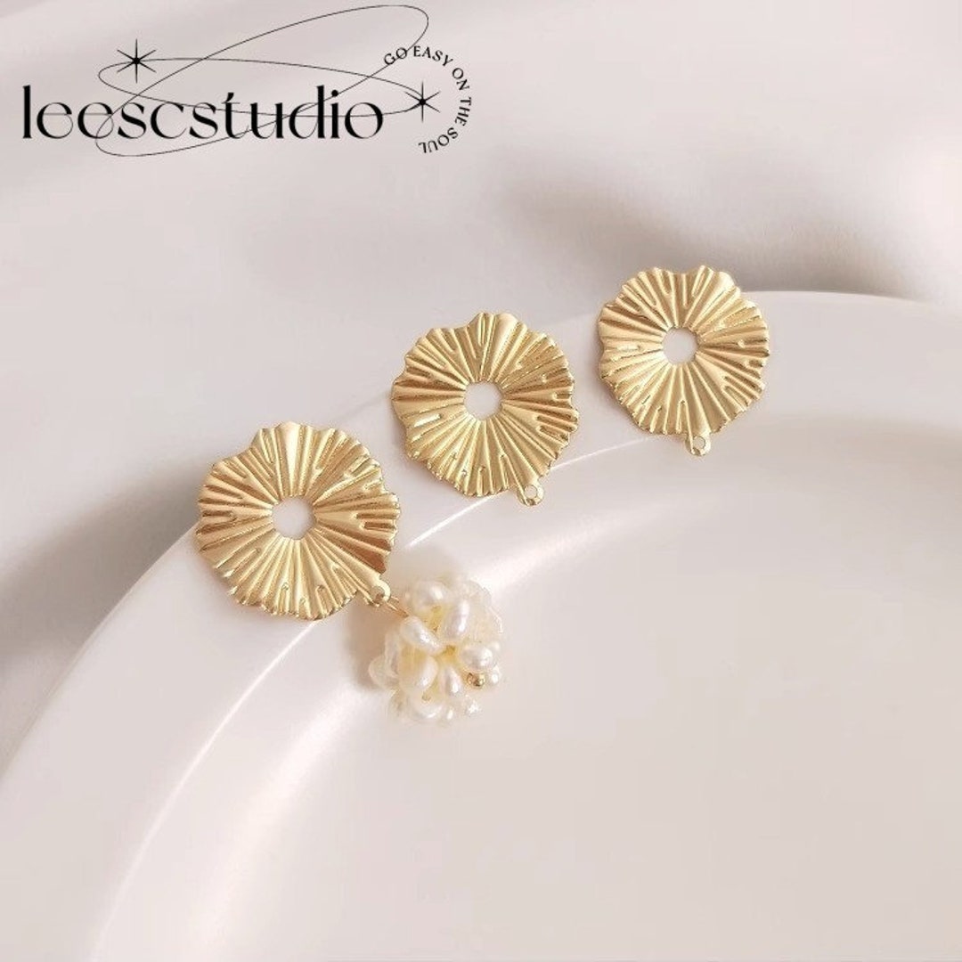 Round Pleated Gold Plated Stud Earrings With Sling Ear Hook Attachment ...