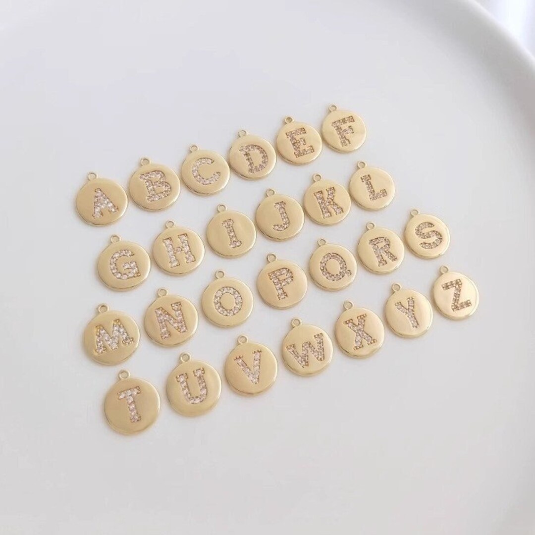 14K Gold Plated 26 Initial Round Charms, Zircon Filled Letter Charm ...