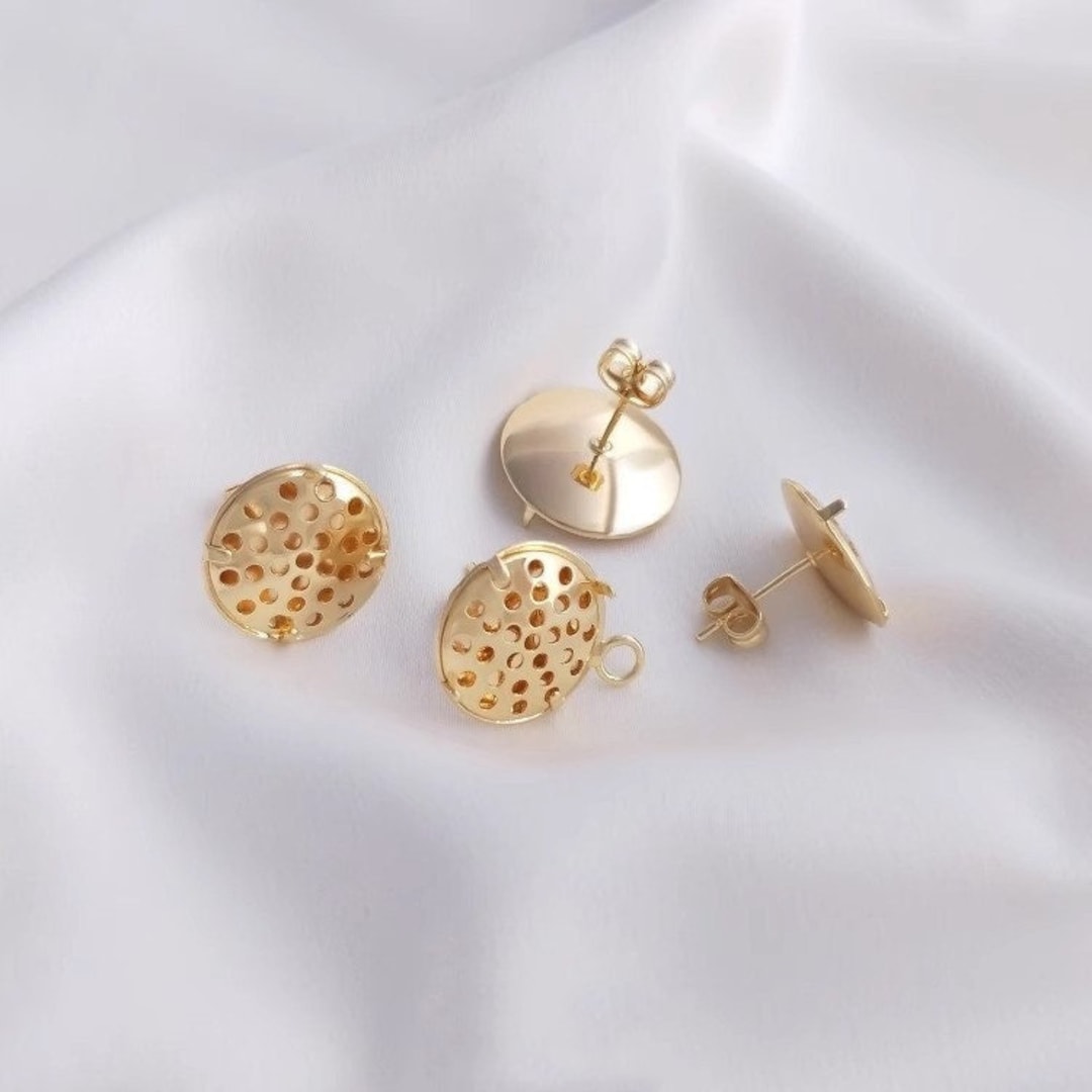 10+14K Gold Heart,round Honeycomb,disc Mesh Stud Earring,detachables ...