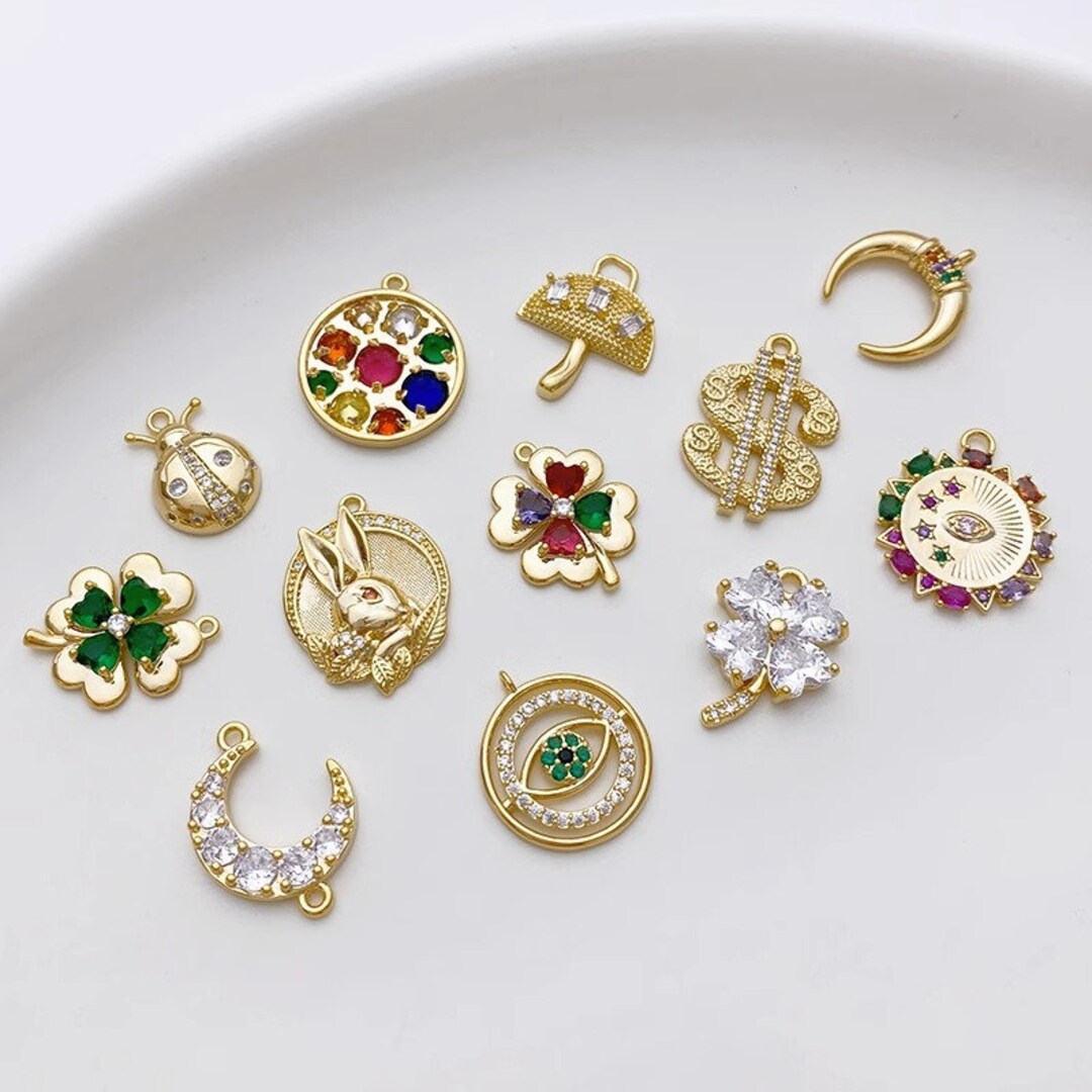 14K Gold Micro Inlaid Zircon Necklace Charm, Clover Moon Rabbit Pendant ...