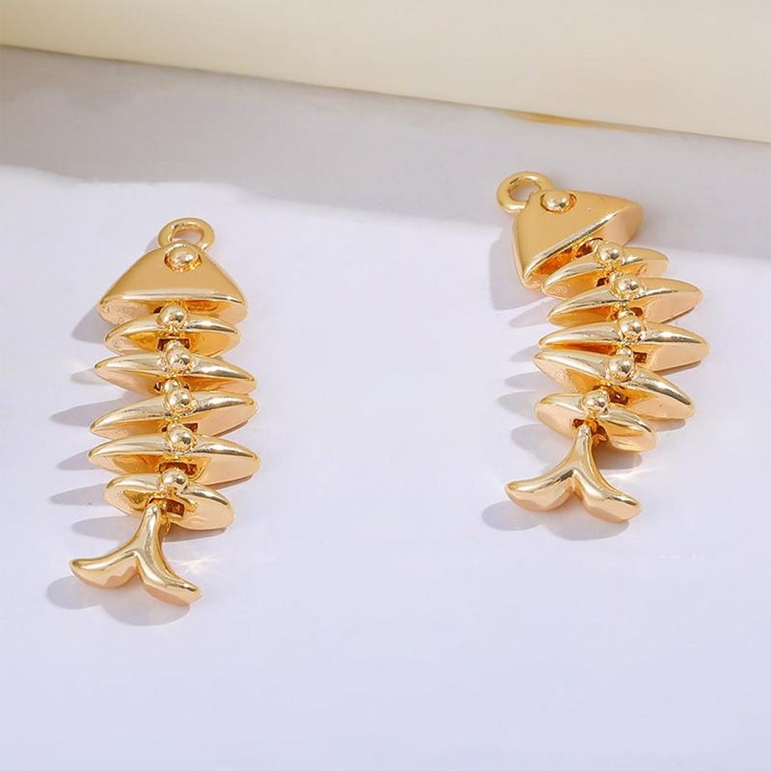 3D Artificial Fish Charm, Fishbone Pendant, Gold Plated Fish Necklace ...