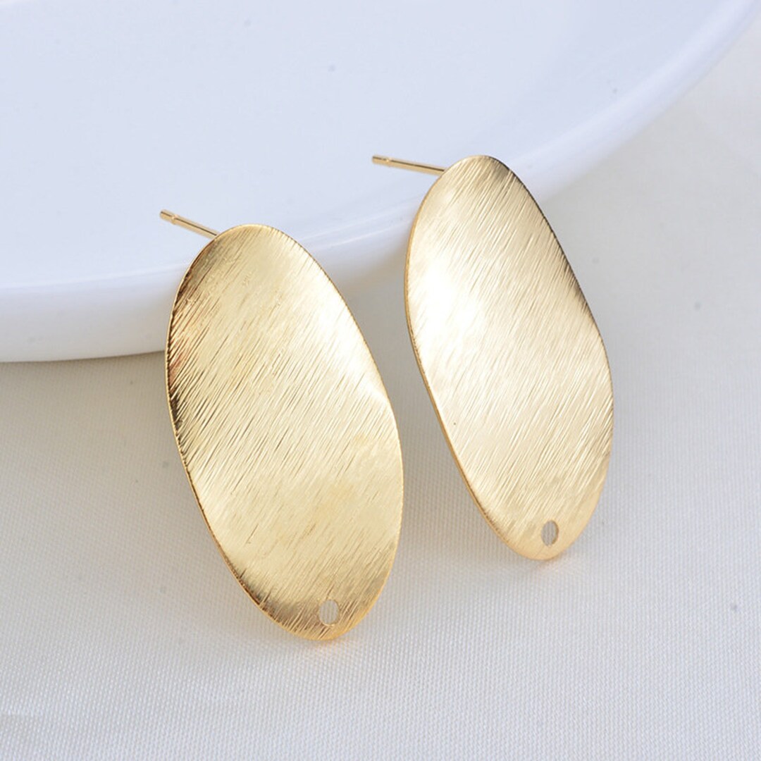 18k Gold Plated Oval Brushed Stud Earrings, Earring Attachment With ...
