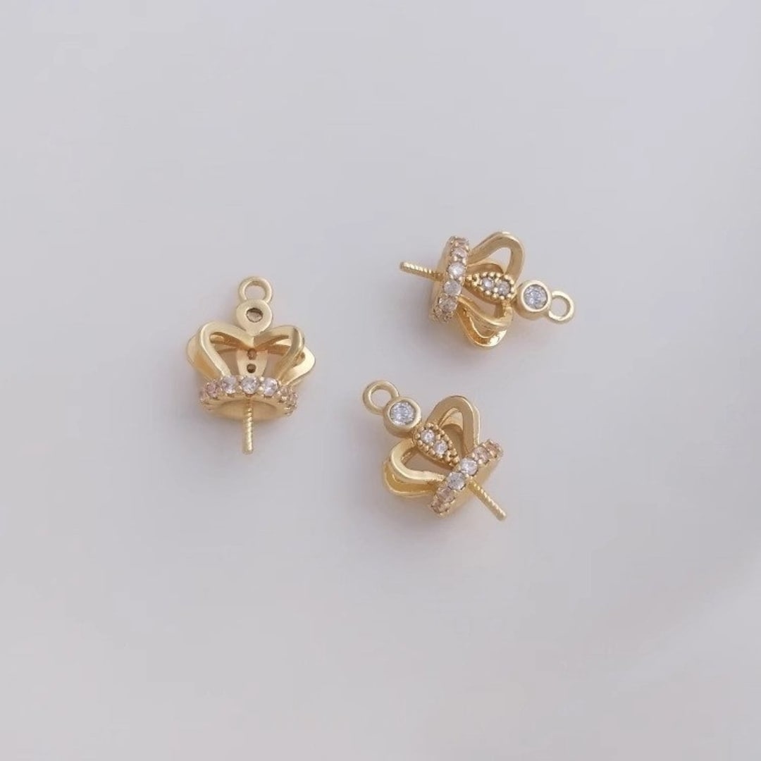 4pcs+14k Genuine Gold Plated Zirconia Crown Bead Holder Pendant, Diy ...