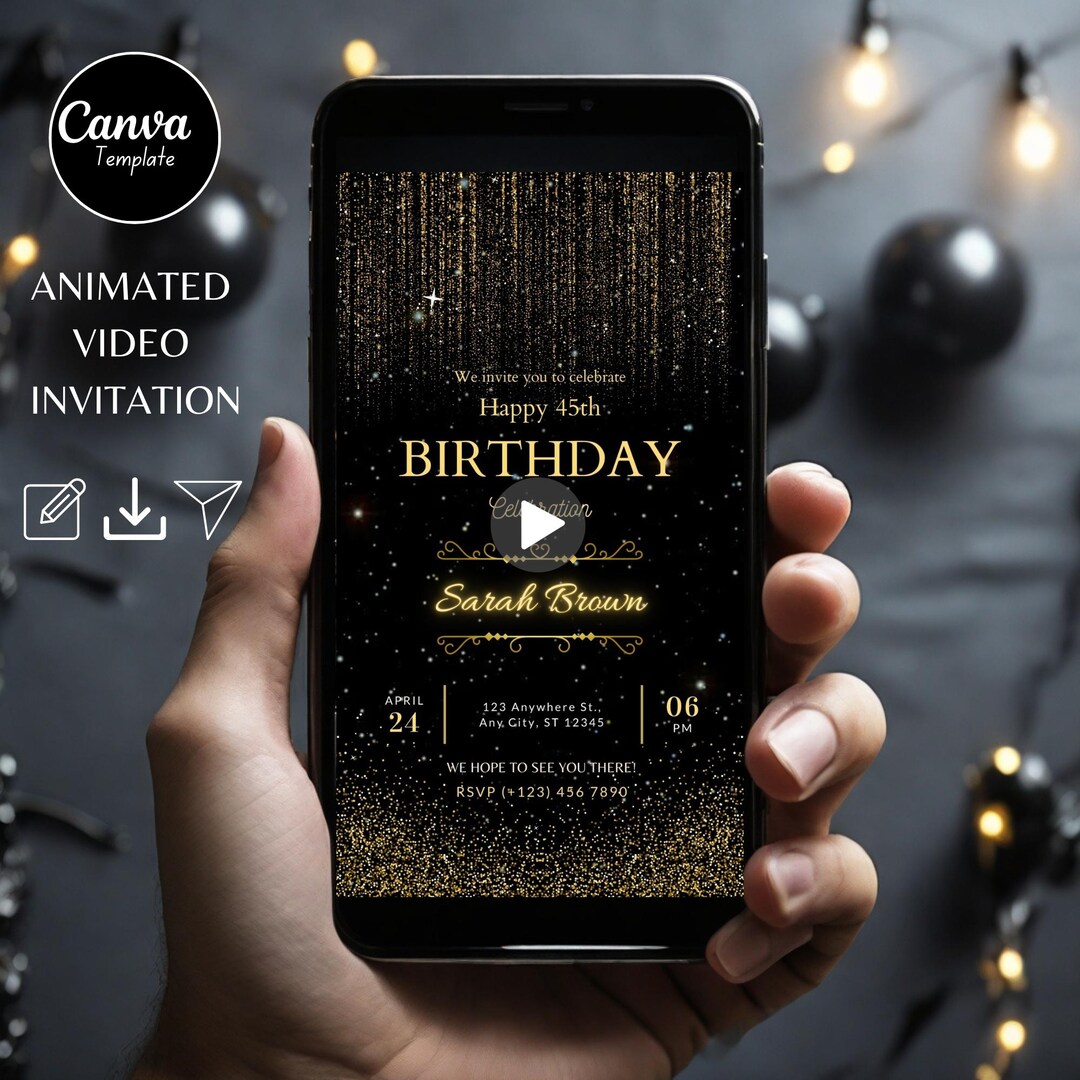 Editable Video Birthday Invitation Template Gold Birthday Invite ...