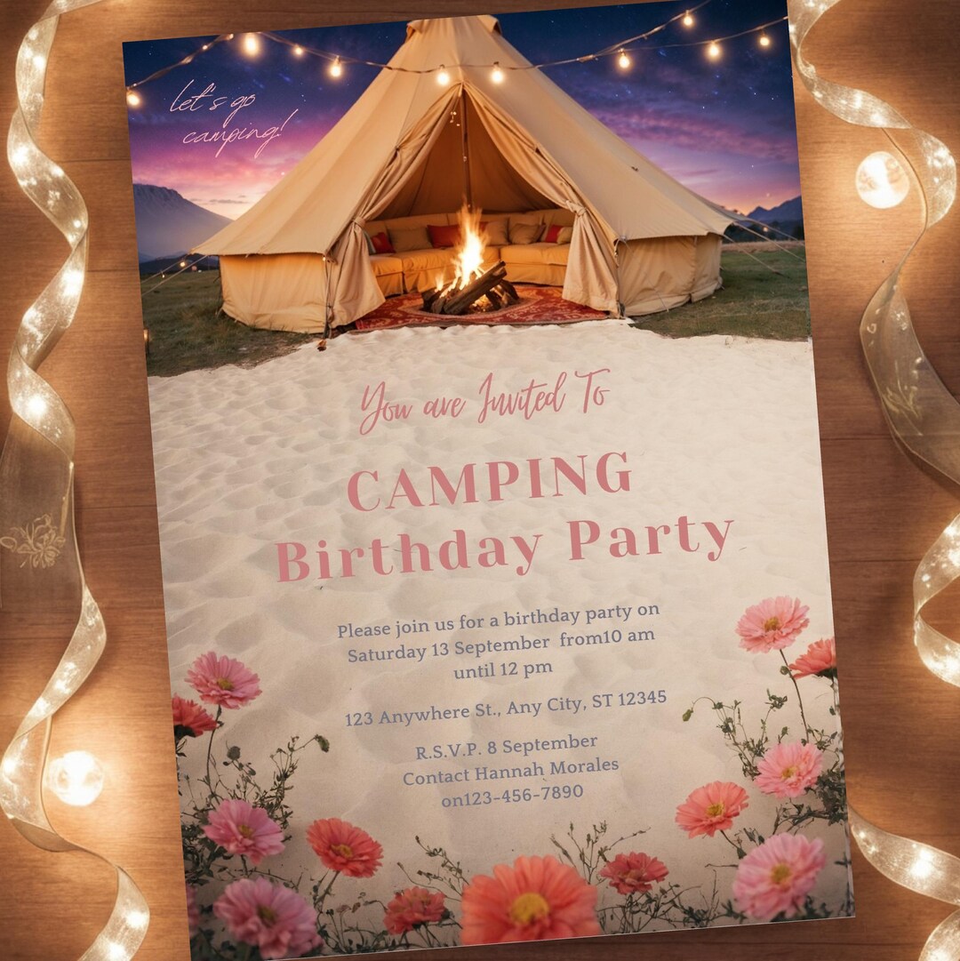 Camping Theme Invitation Invite Girl Birthday Pink Tent Camp Campout ...