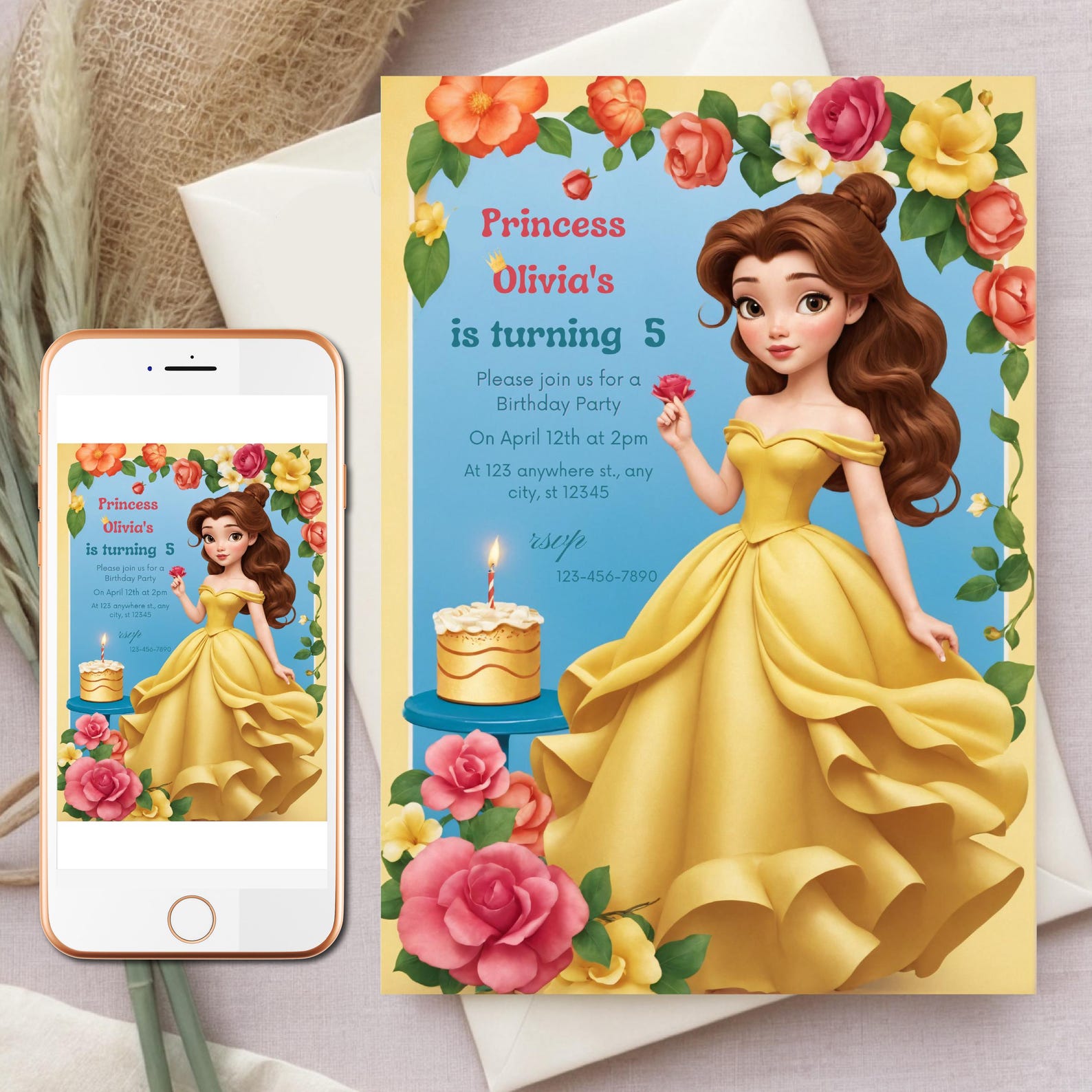 Princess Belle Birthday Invitation Template Editable Belle Invitation ...