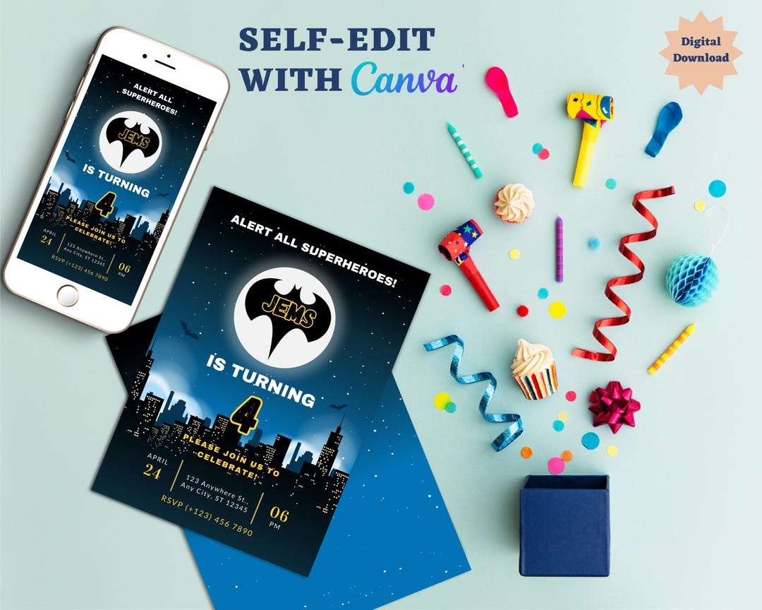 Editable Superhero Birthday Invitation Super Hero Invitation Bat ...