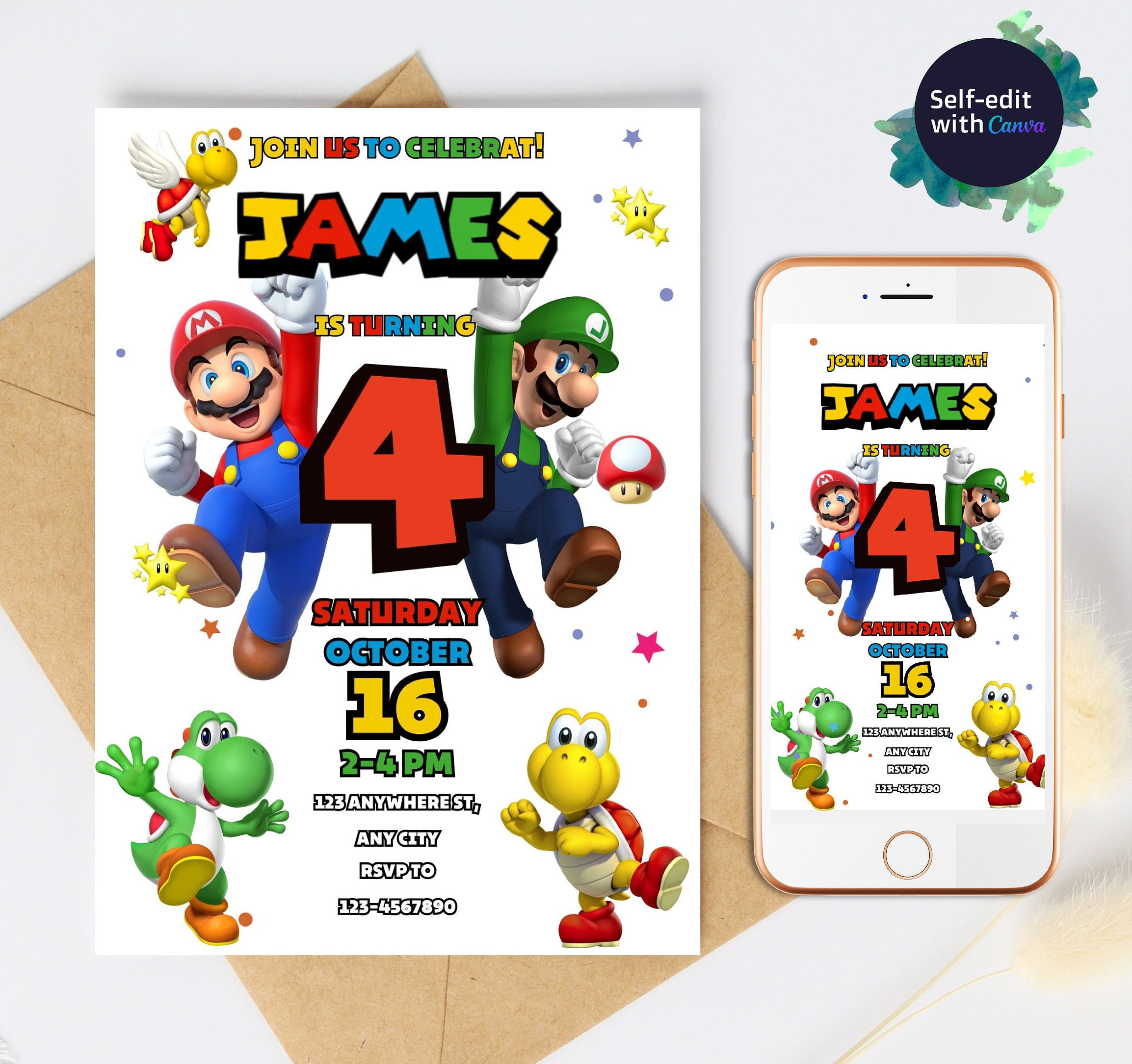 Plantilla editable de invitación de cumpleaños de Mario Bros ...