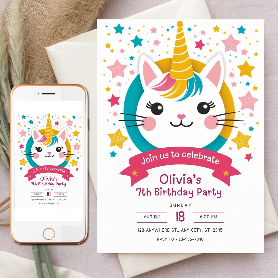 Kittycorn Caticorn Invitation Birthday Invitation Cat Unicorn Kitty ...