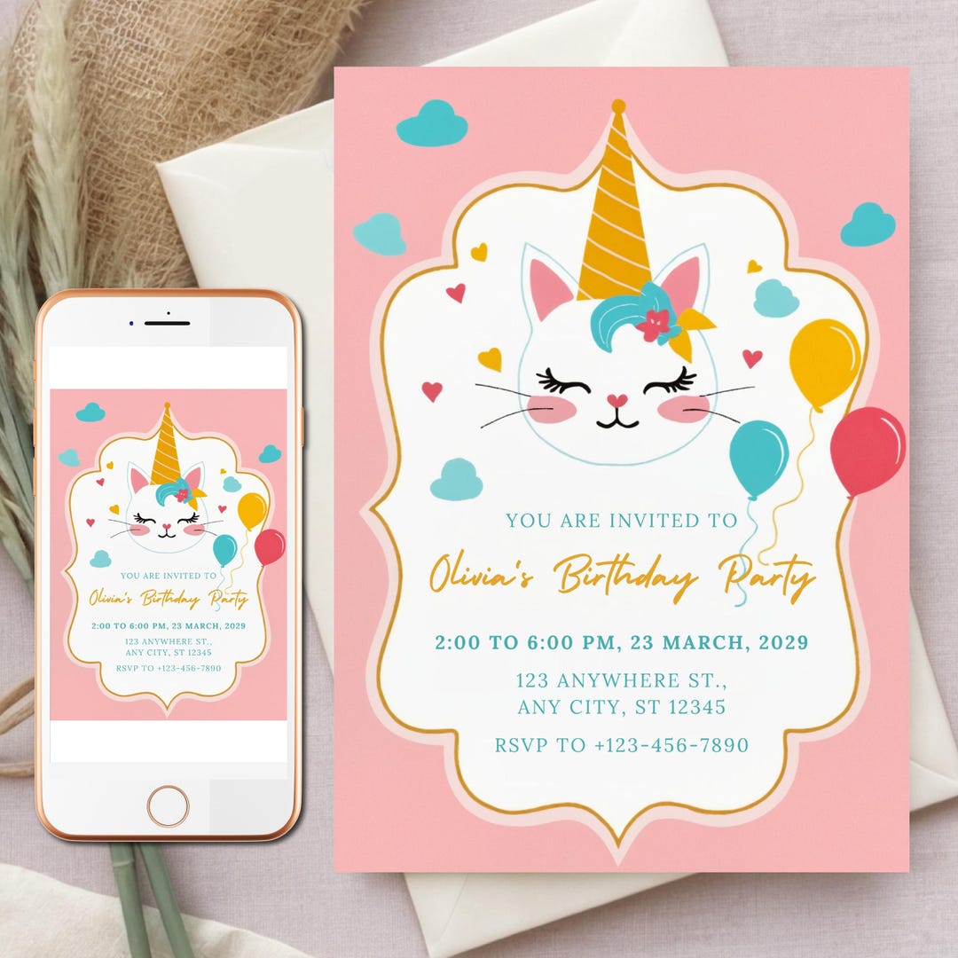 Kittycorn Caticorn Invitation Cat Birthday Invitation Unicorn Kitty ...