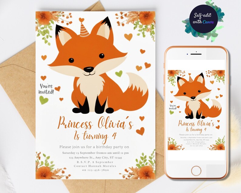 Editable FOX INVITATION Fox Birthday Invitations FOX Party First ...
