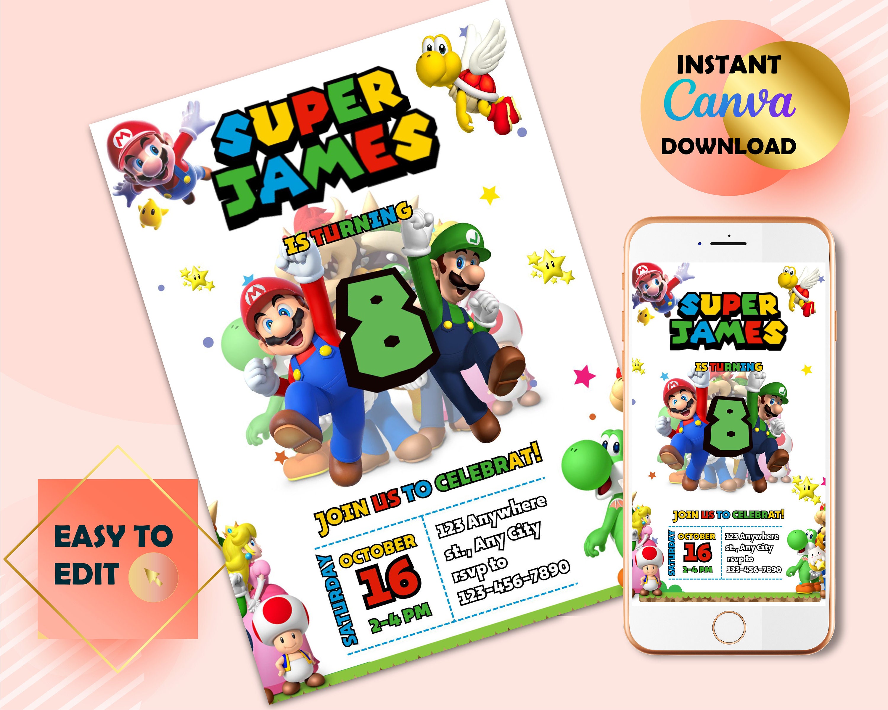 Super Mario Birthday Invitation Mario Birthday Invitation, Mario ...