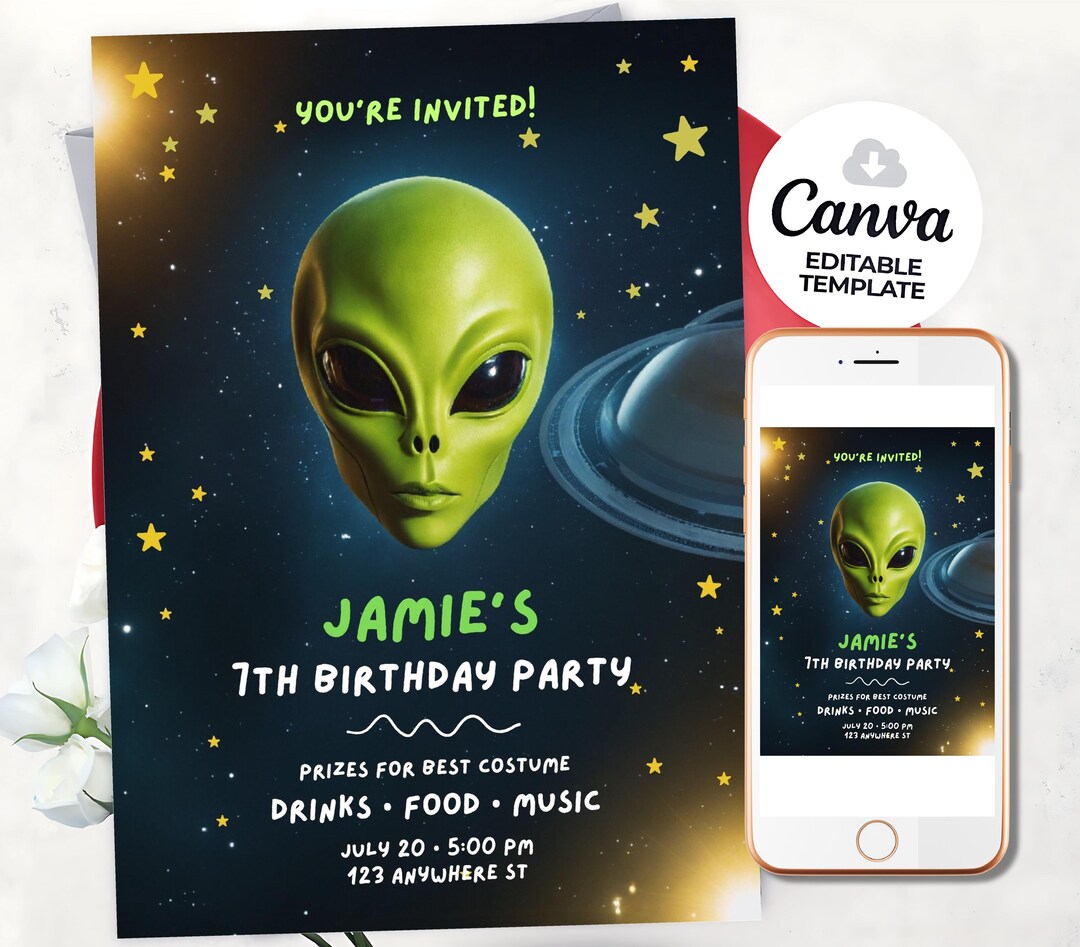 Alien Birthday Party Invitation, Outer Space Theme (canva Editable ...