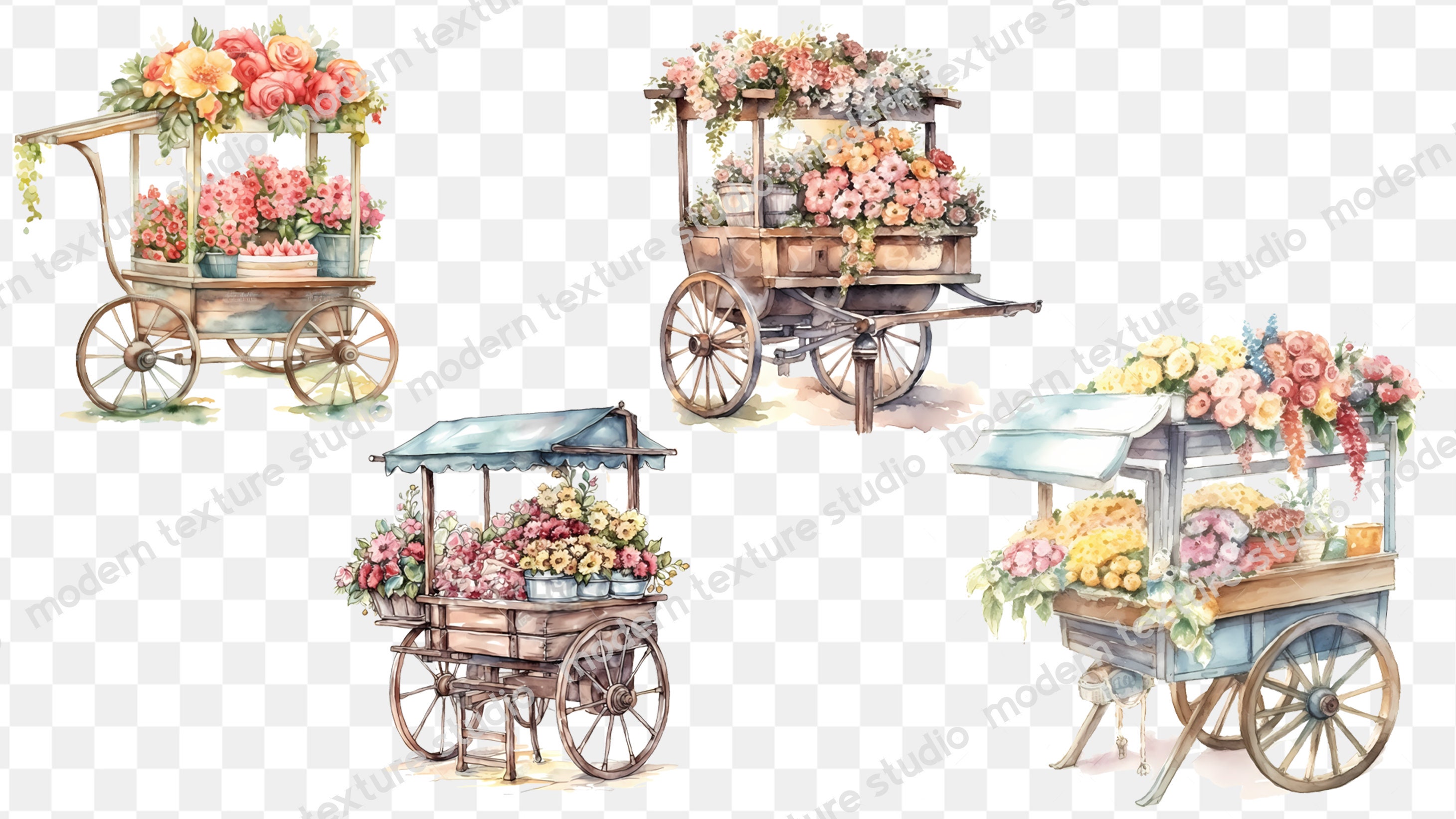 Watercolor Flower Carts Clipart - 17 Piece Transparent Background ...