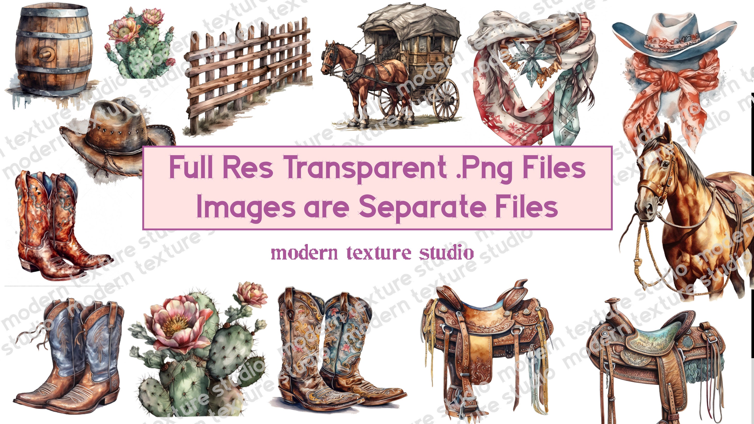 Watercolor Old Western Pack Clipart - 20 Piece Texas Cowboy Ranch ...