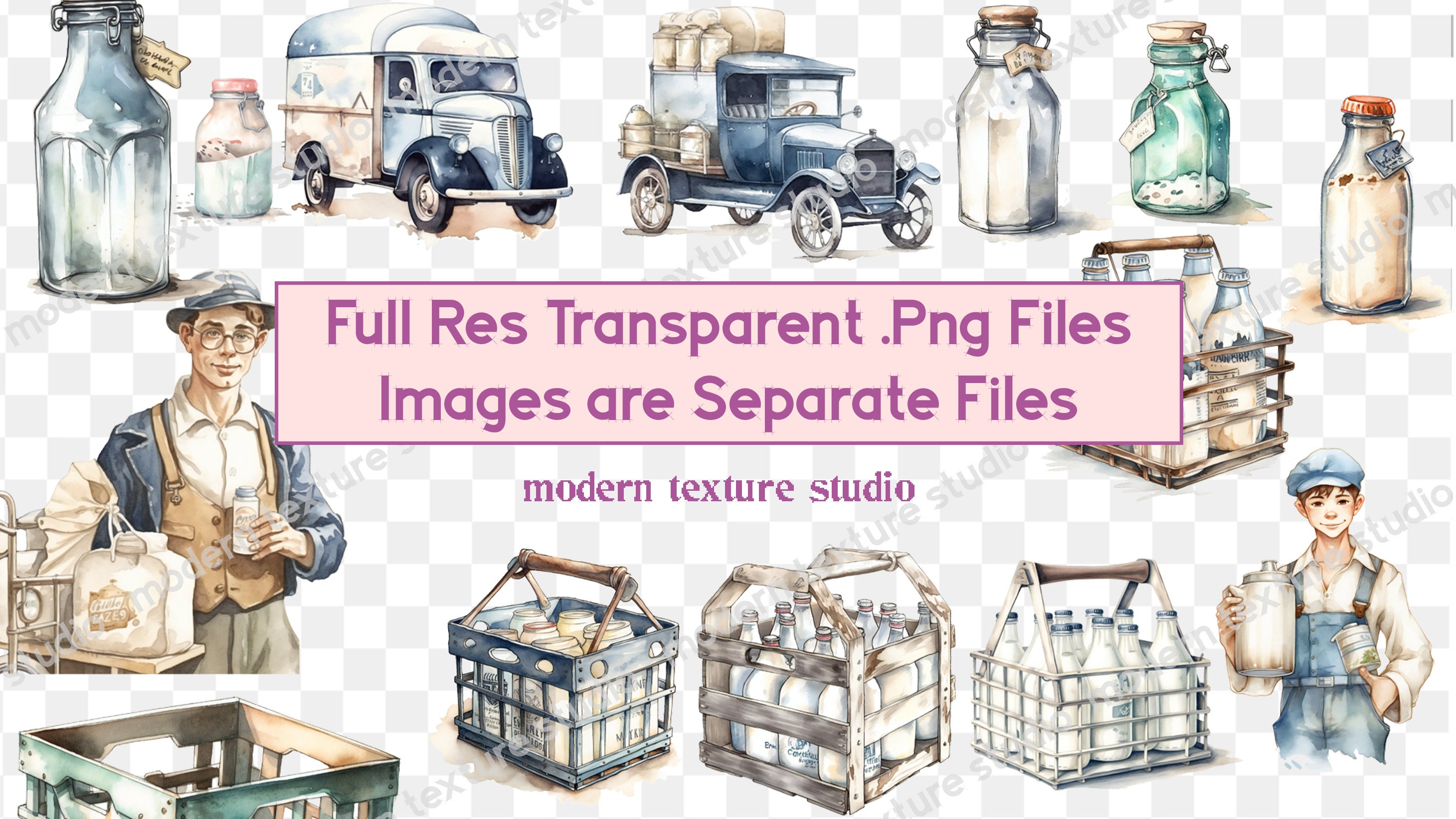 Watercolor Milk Bottles, Milk Crates, and Milk Trucks Clipart - Milk ...