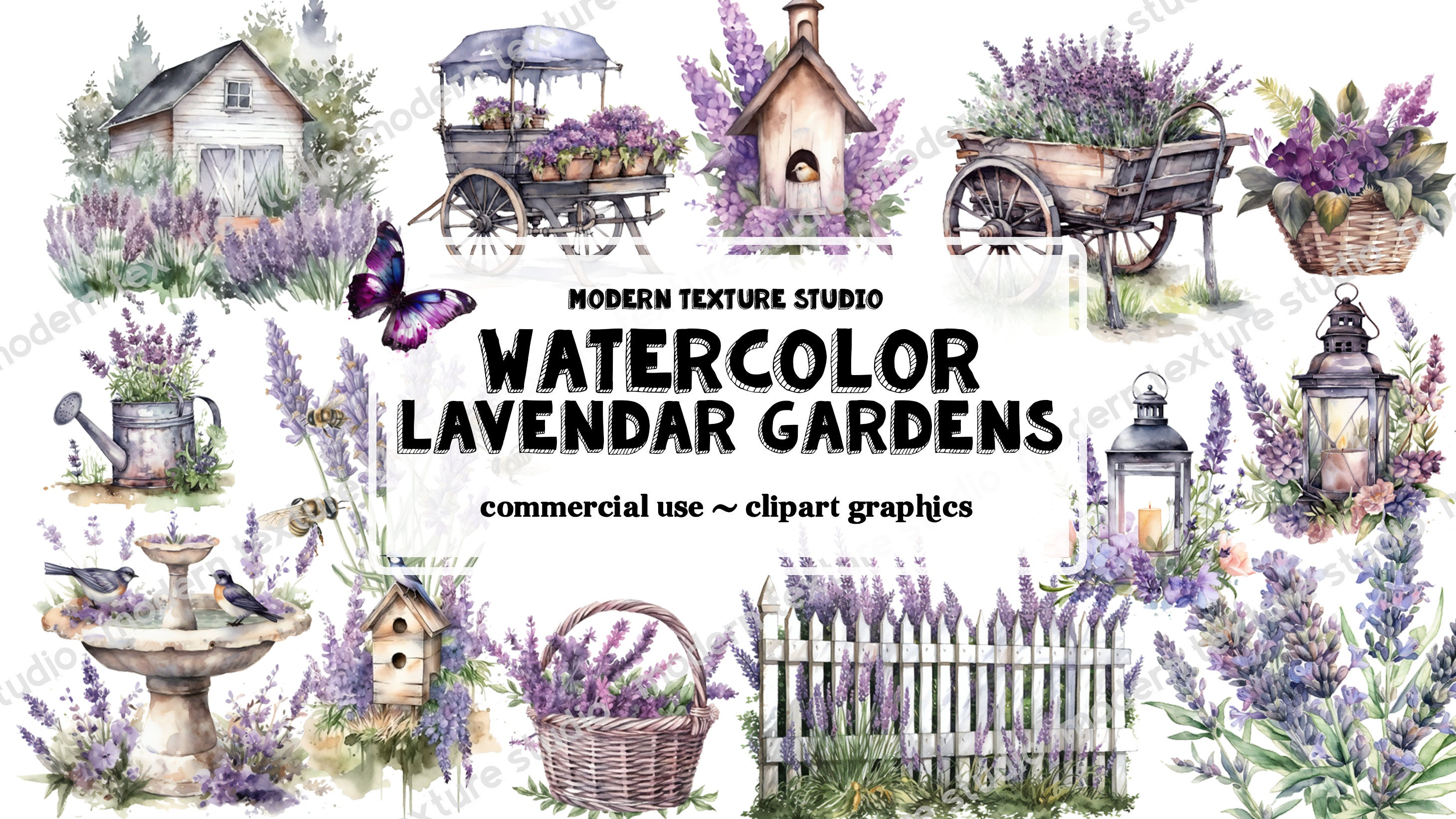 Watercolor Clipart Lavender Garden Pack - 18 Pc Provence Floral Spring ...