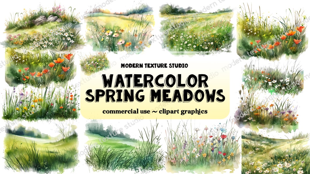 Watercolor Spring Meadow Clipart - Wildflower Field Scape in Springtime ...