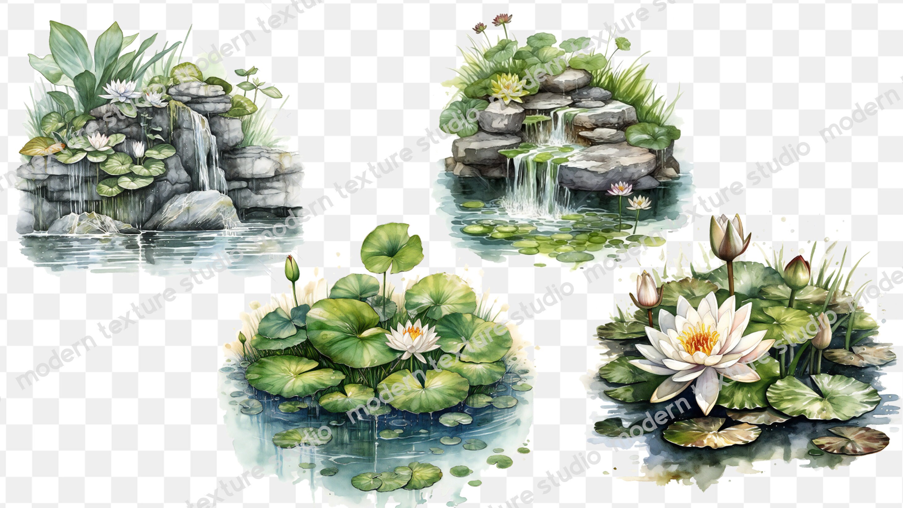 Watercolor Lily Pond Clipart - 18 Piece Transparent Springtime Cute ...