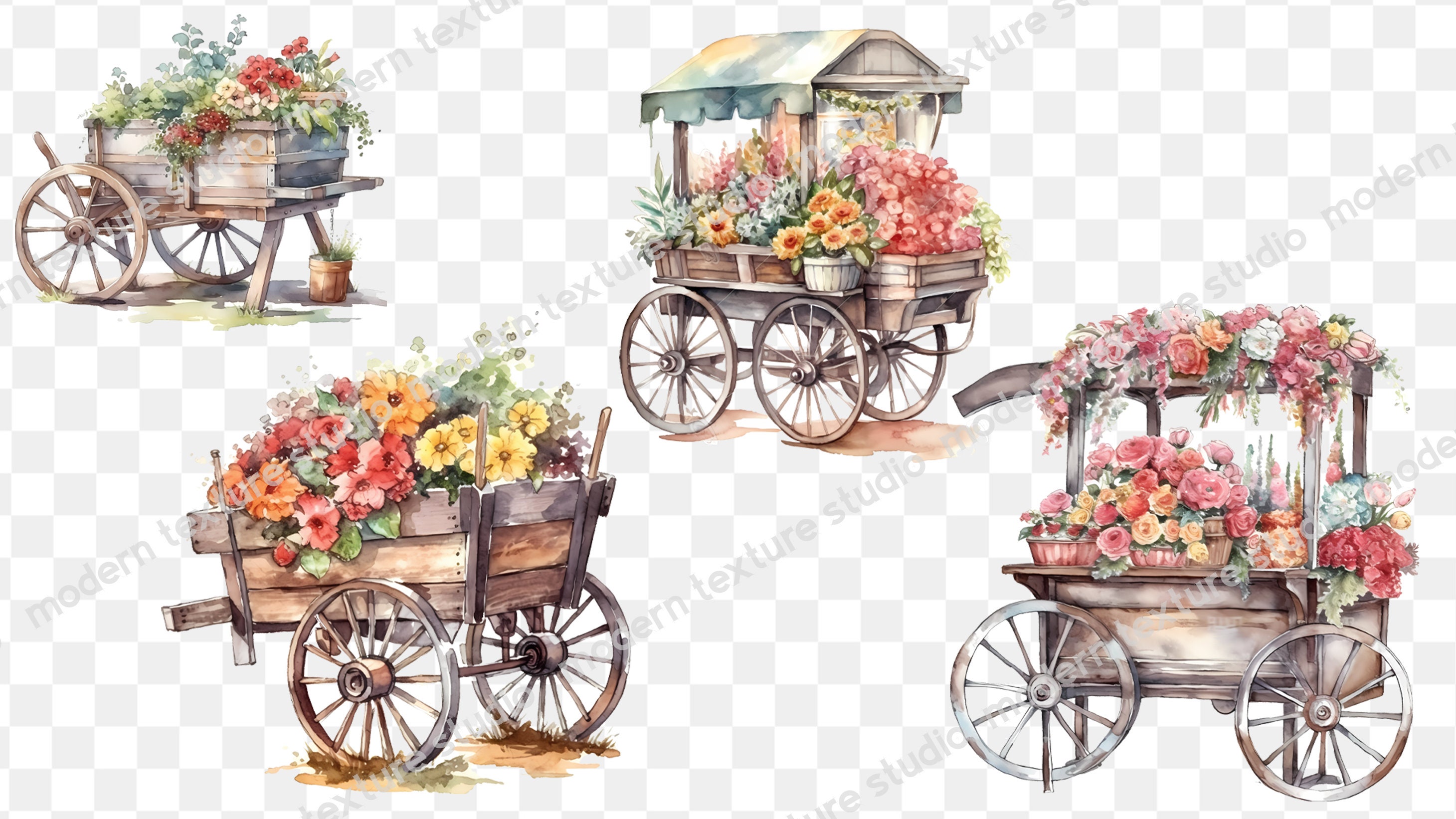 Watercolor Flower Carts Clipart - 17 Piece Transparent Background ...
