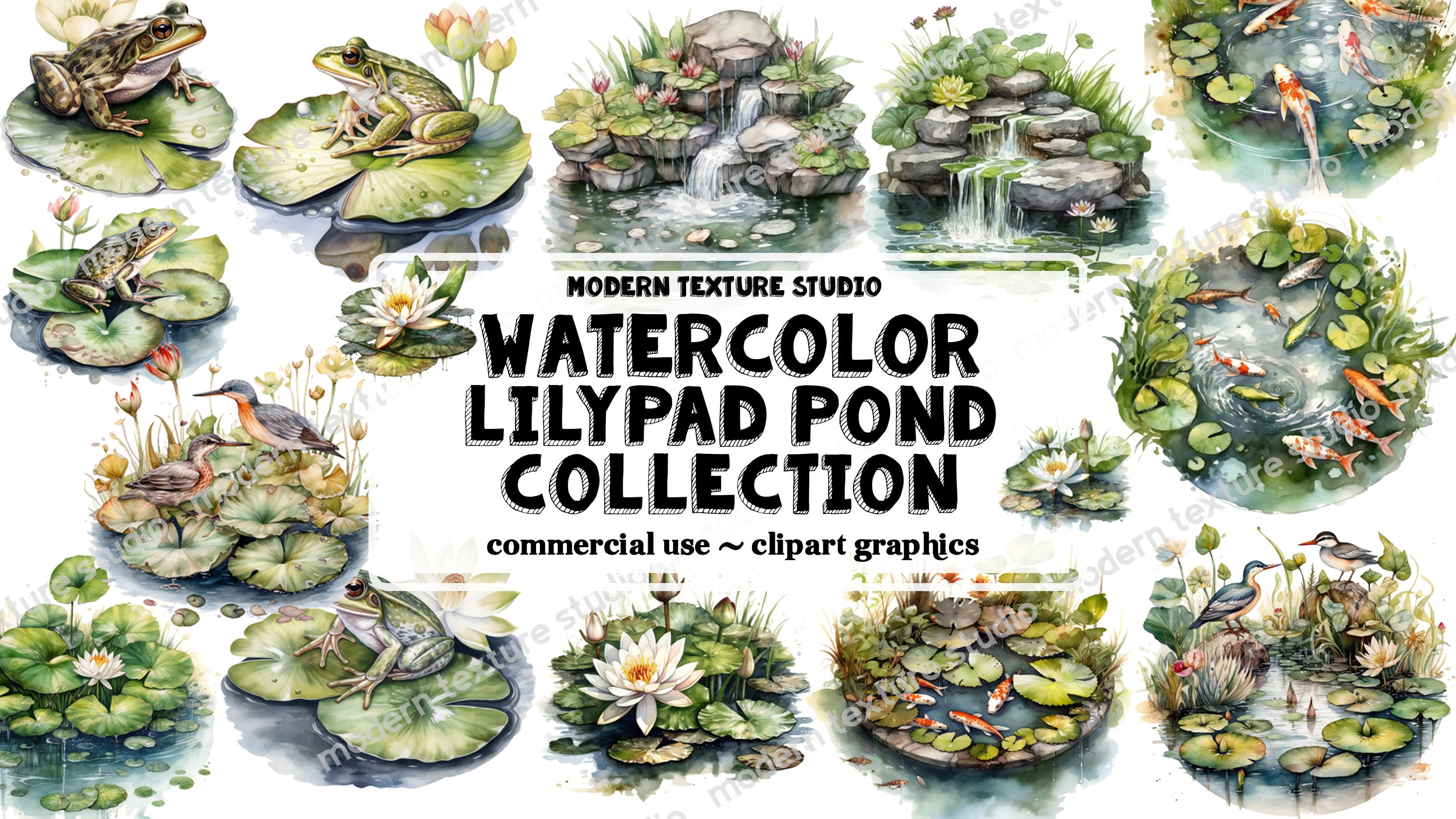 Watercolor Lily Pond Clipart - 18 Piece Transparent Springtime Cute ...