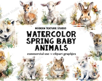 Watercolor Spring Cute Baby Animals Clipart Bundle Gift Cute Little ...