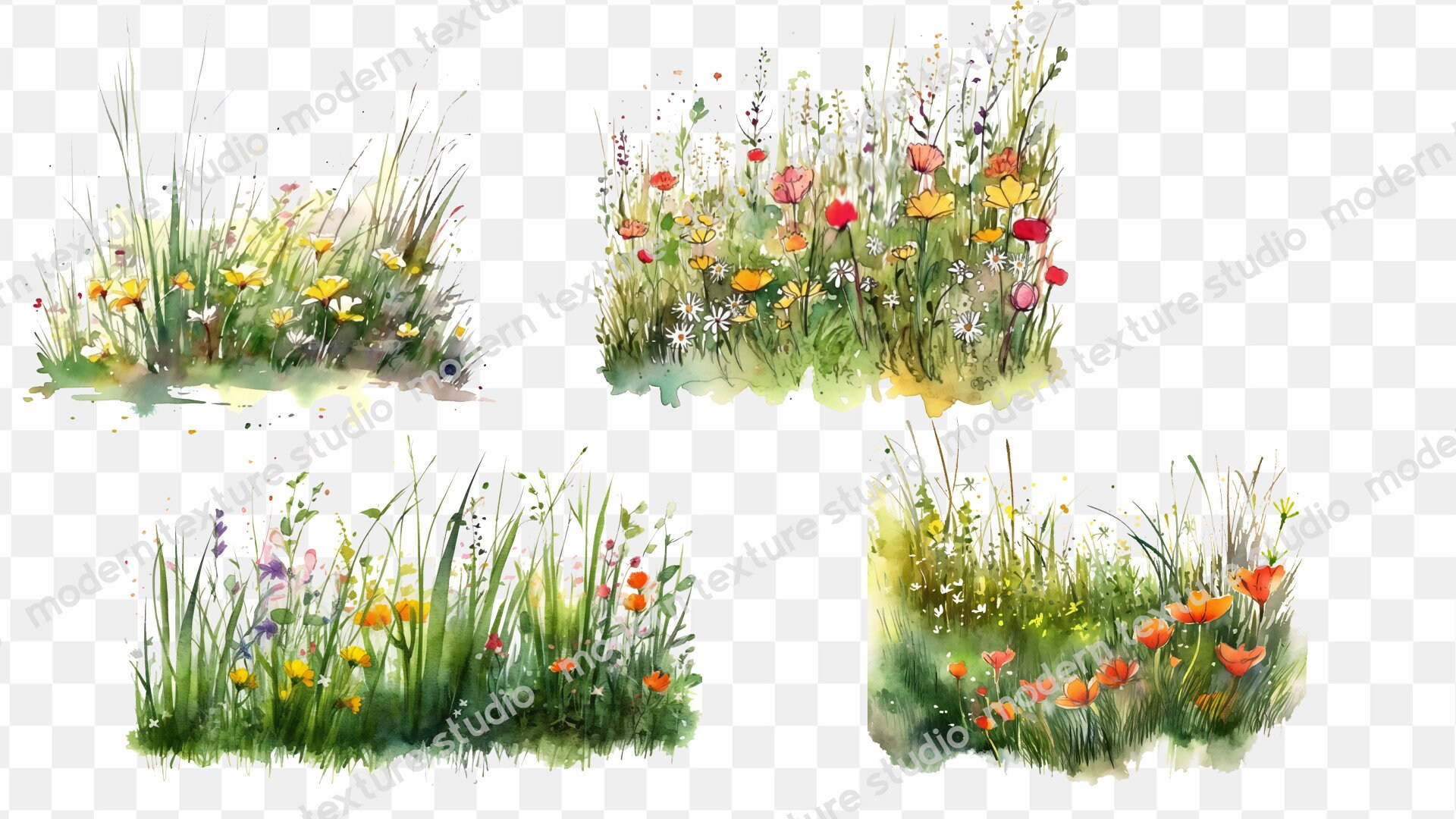 Watercolor Spring Meadow Clipart - Wildflower Field Scape in Springtime ...