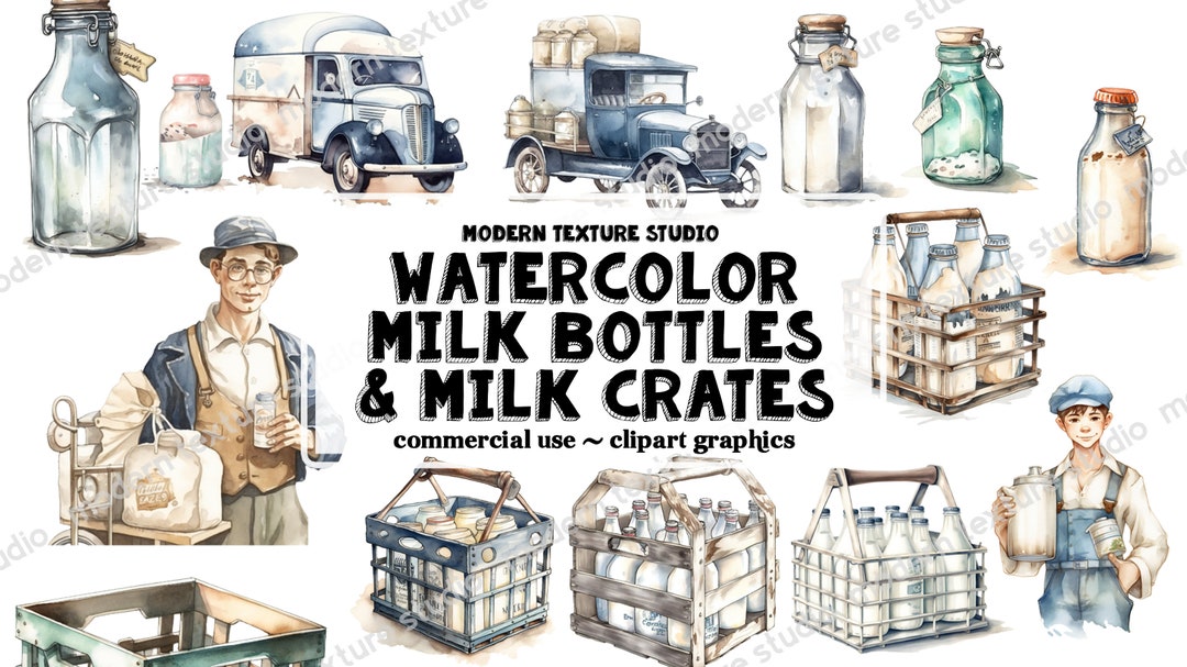 Watercolor Milk Bottles, Milk Crates, and Milk Trucks Clipart - Milk ...