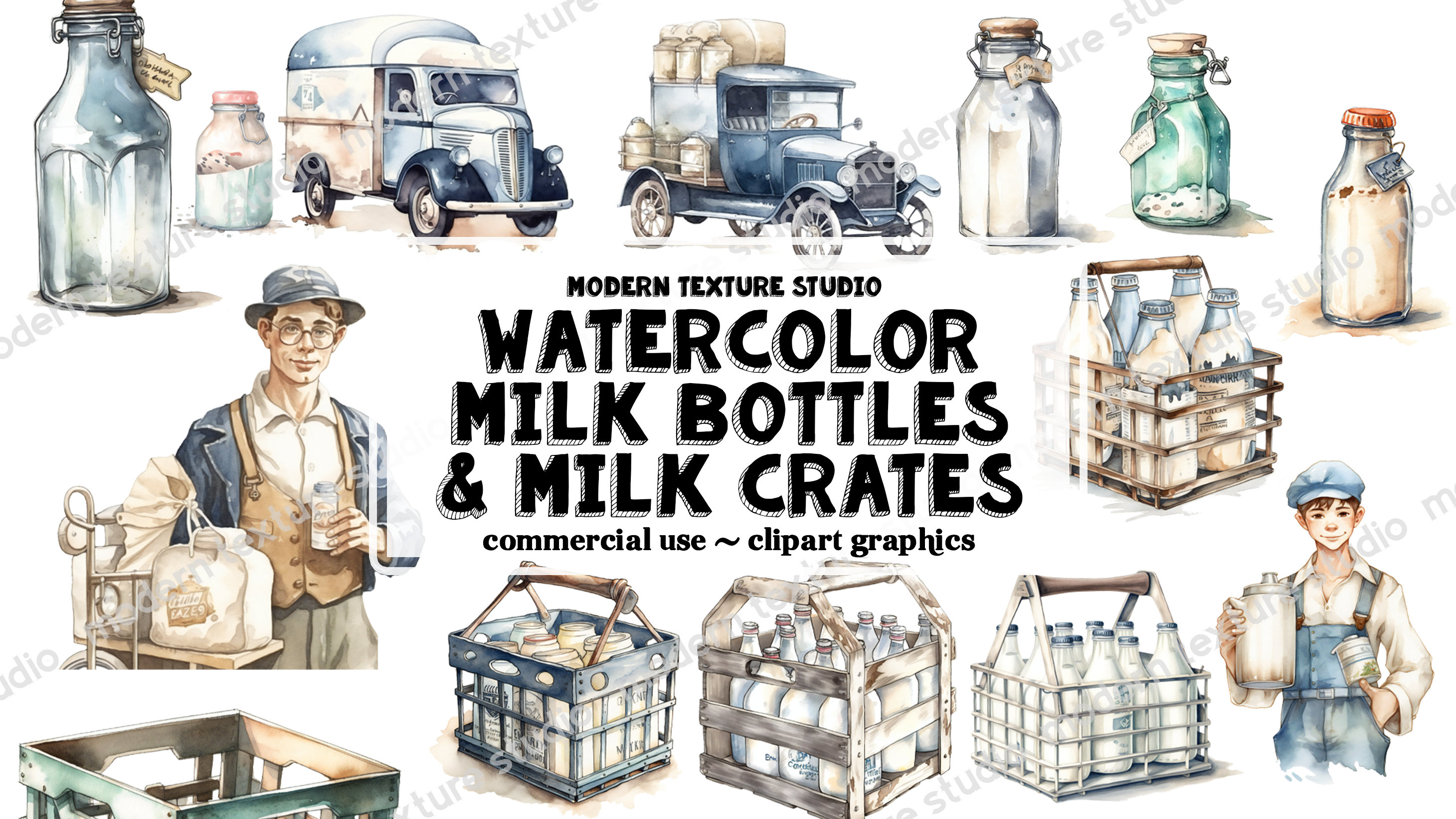 Watercolor Milk Bottles, Milk Crates, and Milk Trucks Clipart - Milk ...