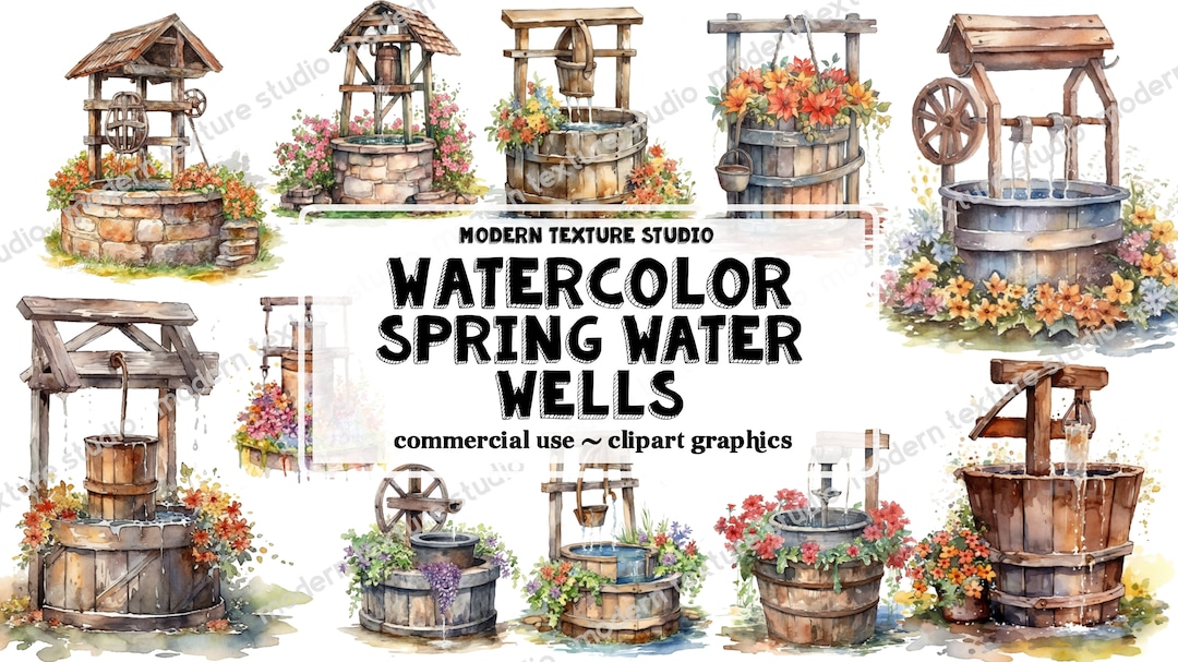 Watercolor Spring Water Wells Clipart - 14 Piece Springtime Cute Little ...