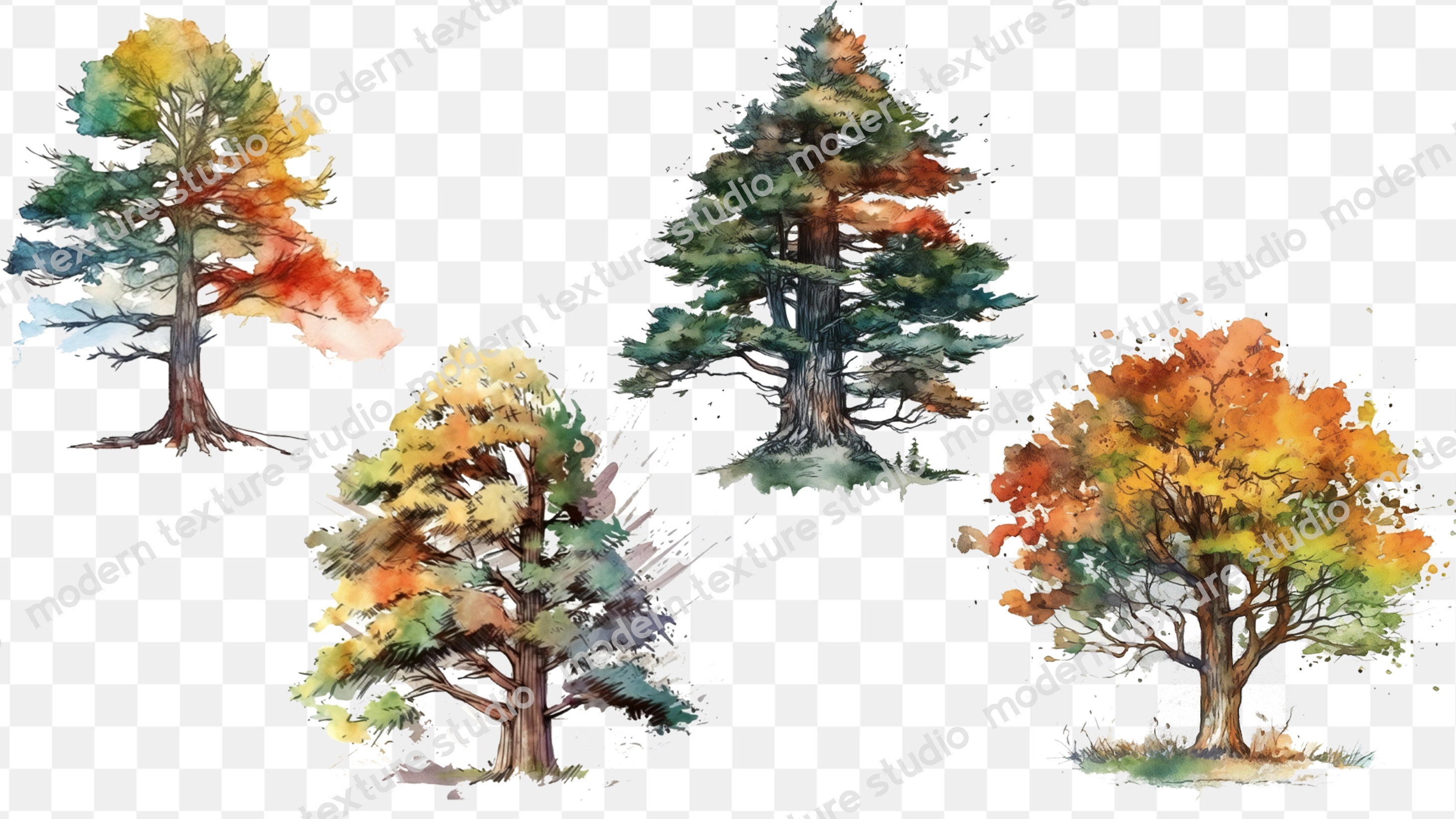 Watercolor Spring Tree Clipart - Springtime Blossom Trees in the Park ...