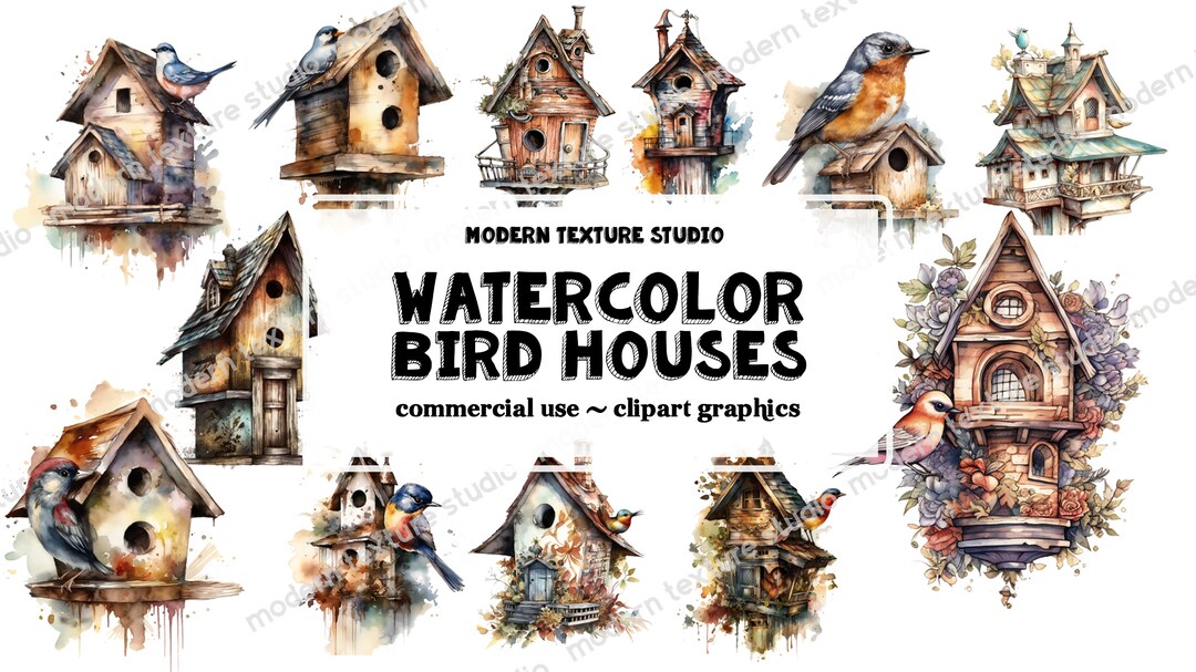 Watercolor Bird House Clipart - 20 Pack Springtime Cute Birdhouses and ...