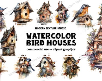 Watercolor Bird Houses Clipart, Springtime Cute Birdhouses and Blossoms ...
