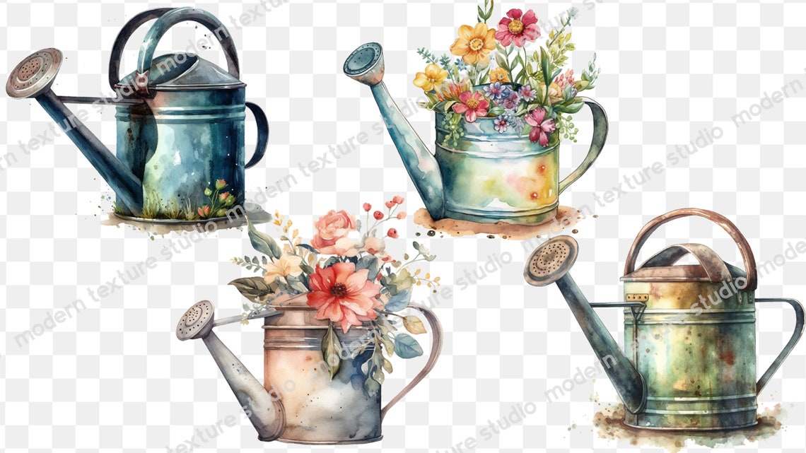 Watercolor Floral Watering Cans Clipart 15 Piece Floral Gardening ...