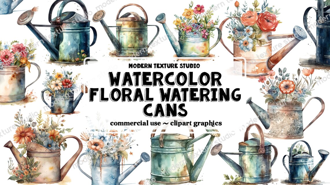 Watercolor Floral Watering Cans Clipart 15 Piece Floral Gardening ...