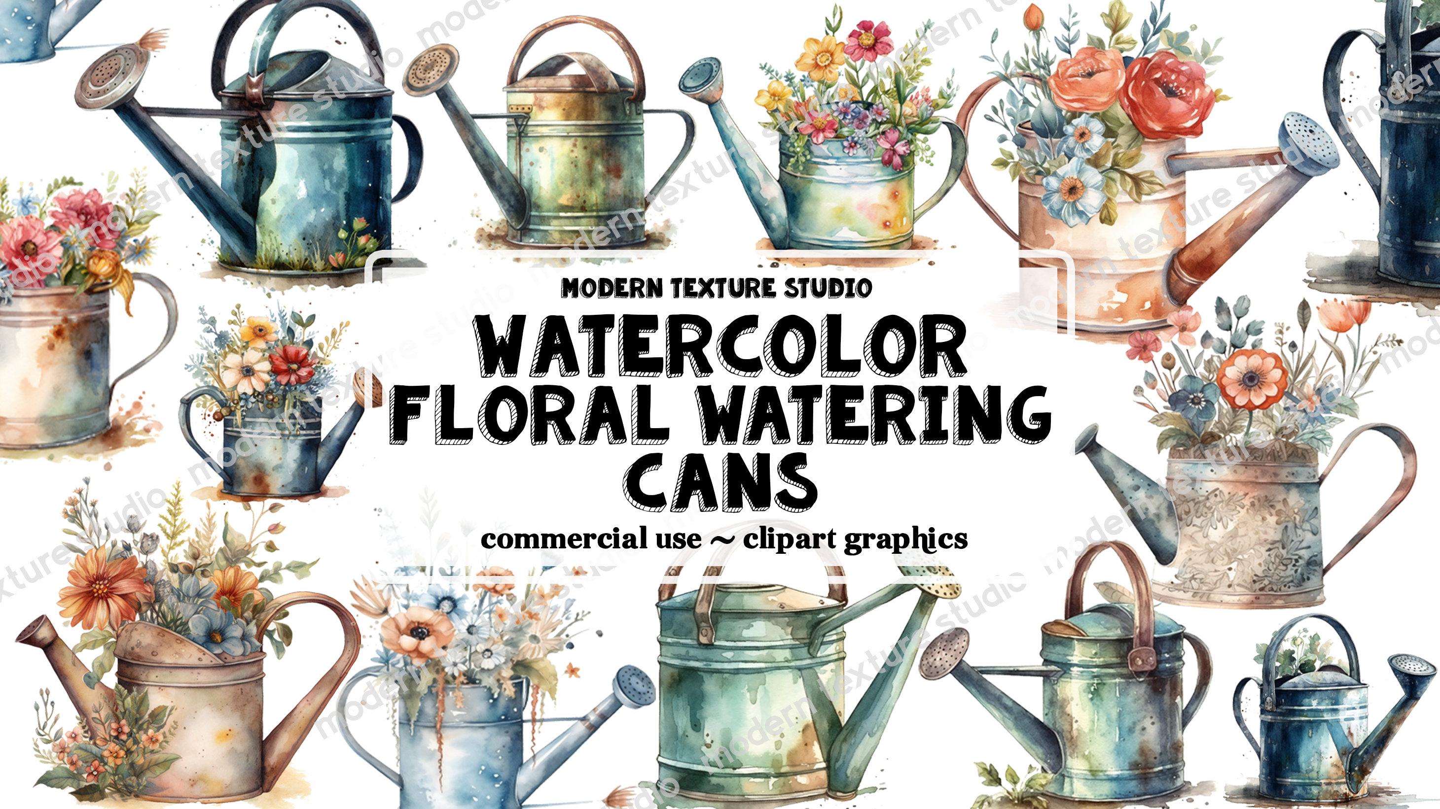 Watercolor Floral Watering Cans Clipart - 15 Piece Floral Gardening ...