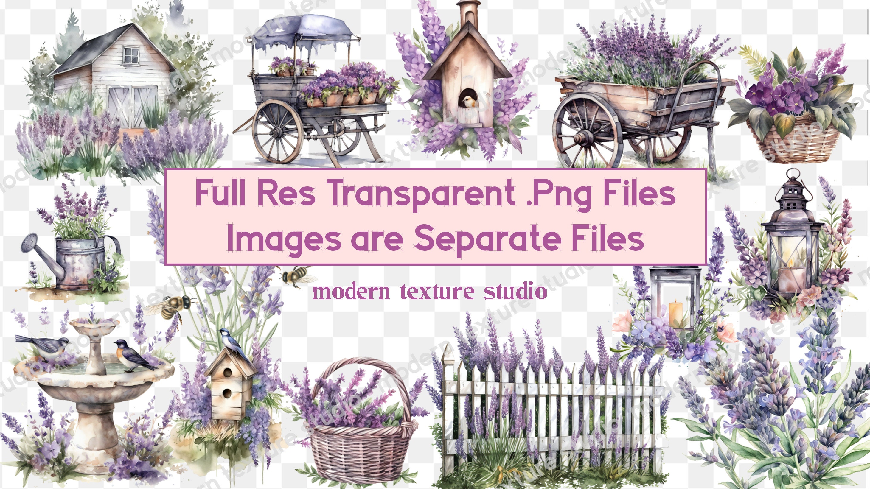 Watercolor Clipart Lavender Garden Pack - 18 Pc Provence Floral Spring ...