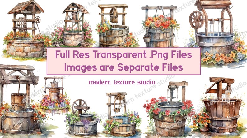 Watercolor Spring Water Wells Clipart - 14 Piece Springtime Cute Little ...