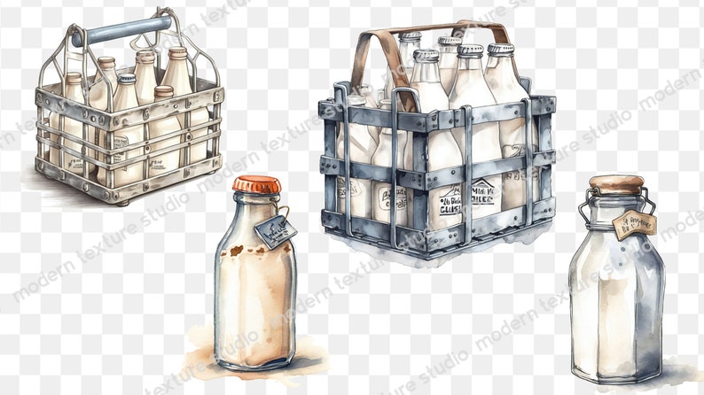 Watercolor Milk Bottles, Milk Crates, and Milk Trucks Clipart - Milk ...