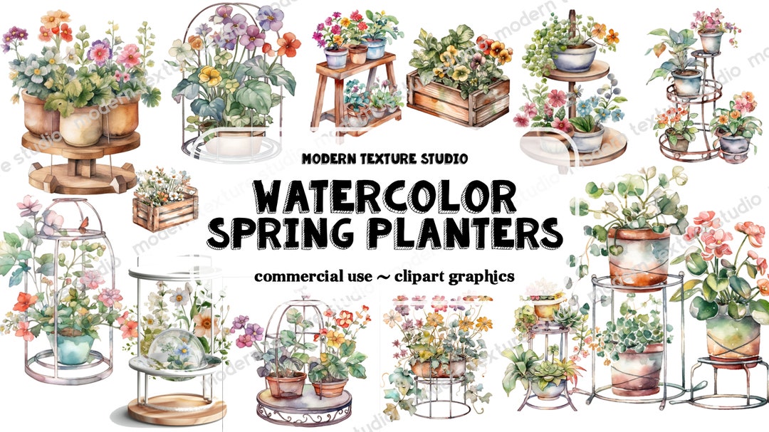 Watercolor Spring Planters Clipart - 16 Pc Springtime Cute Flower Boxes ...