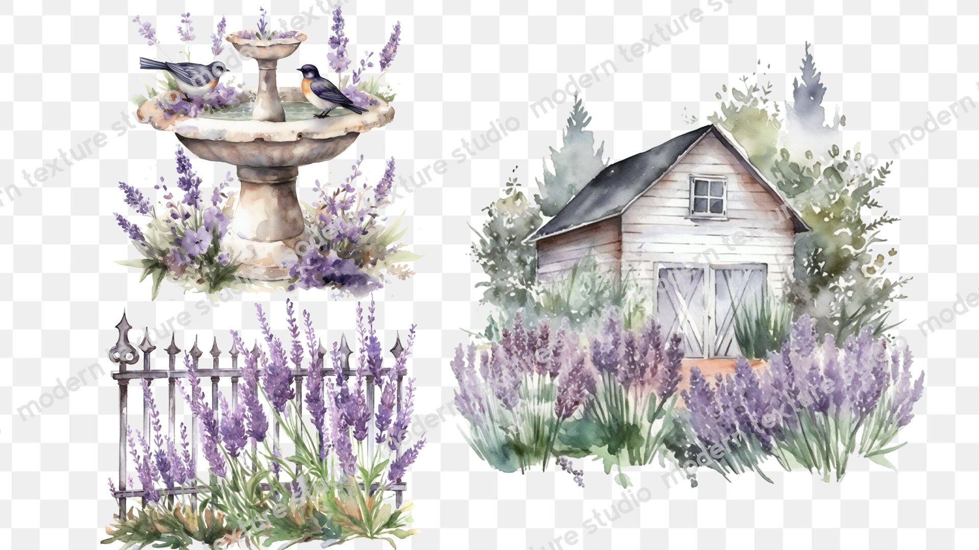 Watercolor Clipart Lavender Garden Pack - 18 Pc Provence Floral Spring ...