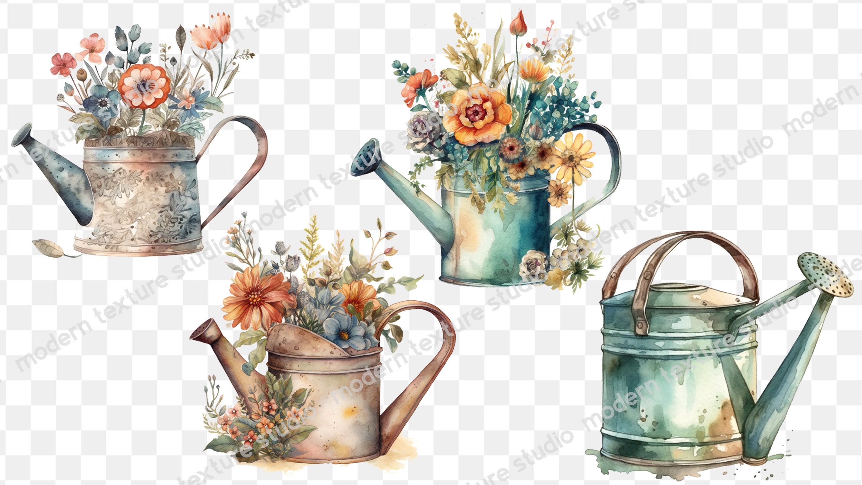Watercolor Floral Watering Cans Clipart 15 Piece Floral Gardening ...