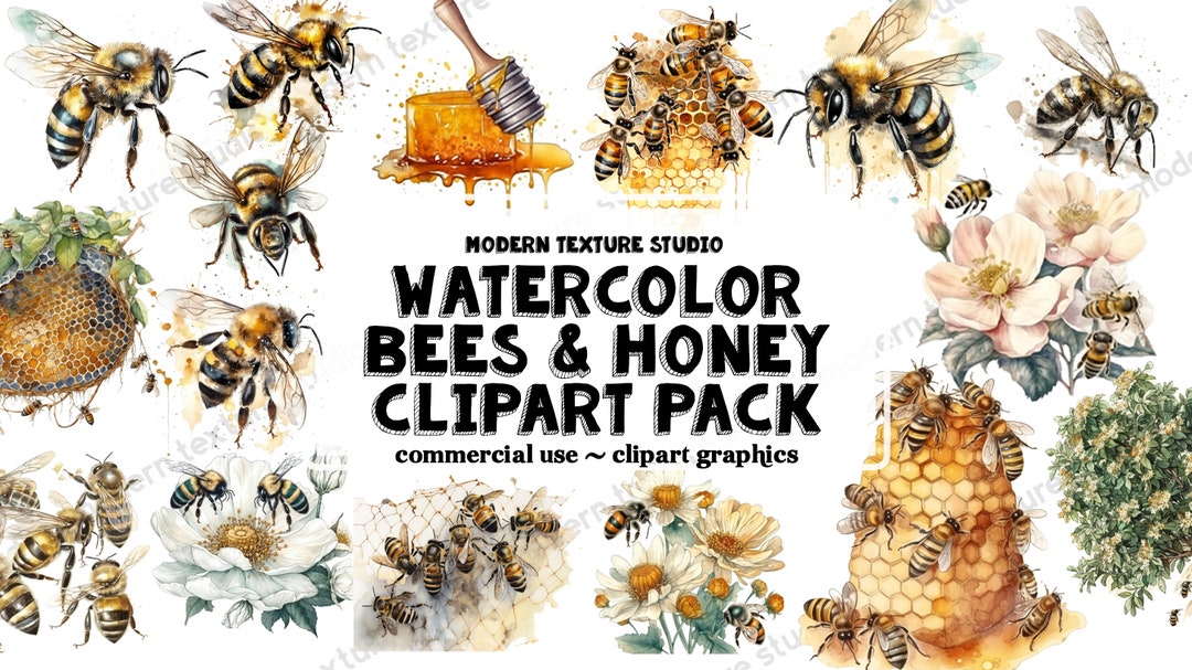 Watercolor Bees & Honey Clipart - 21 Piece Spring Garden Bee and ...