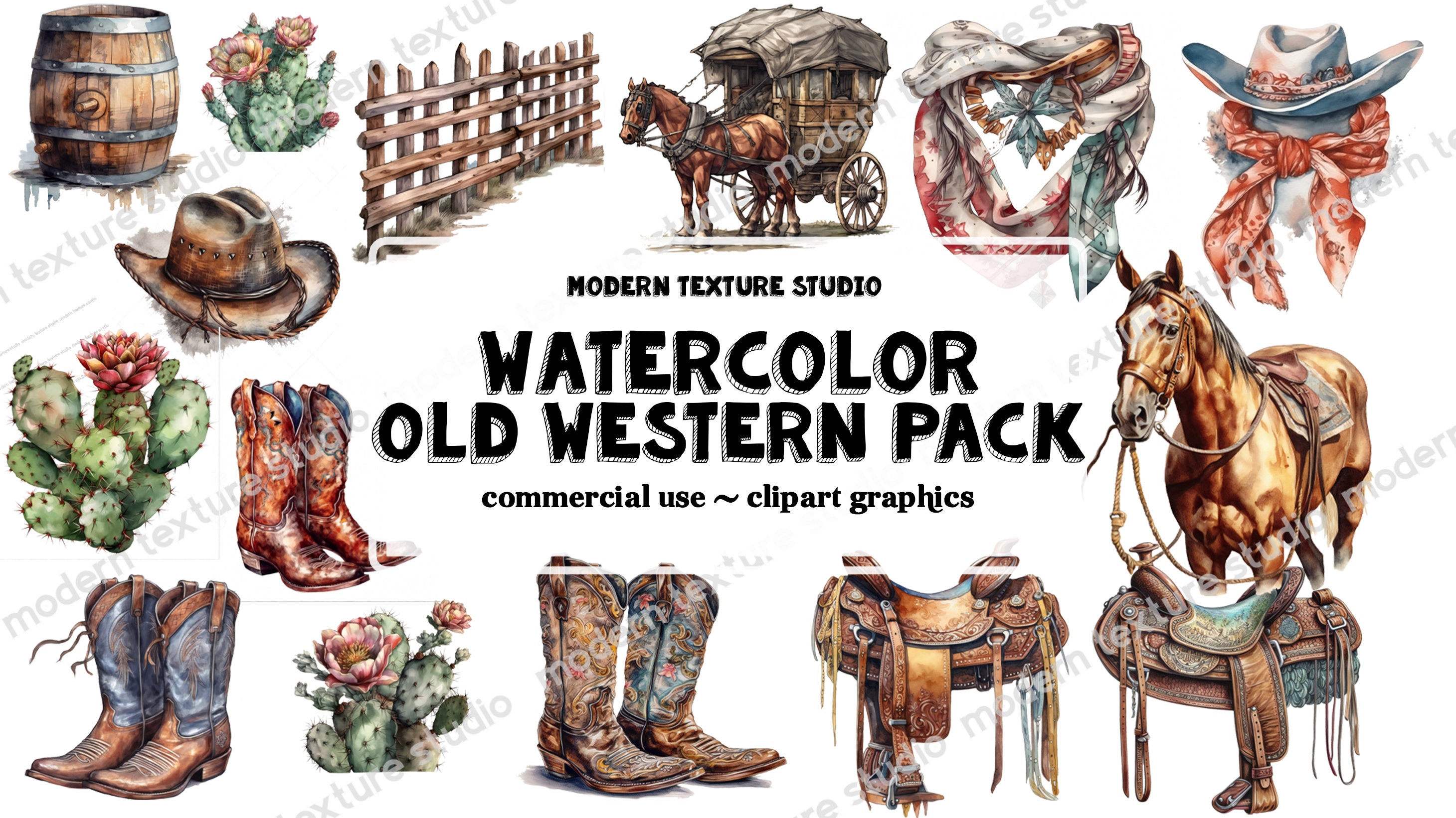 Watercolor Old Western Pack Clipart - 20 Piece Texas Cowboy Ranch ...