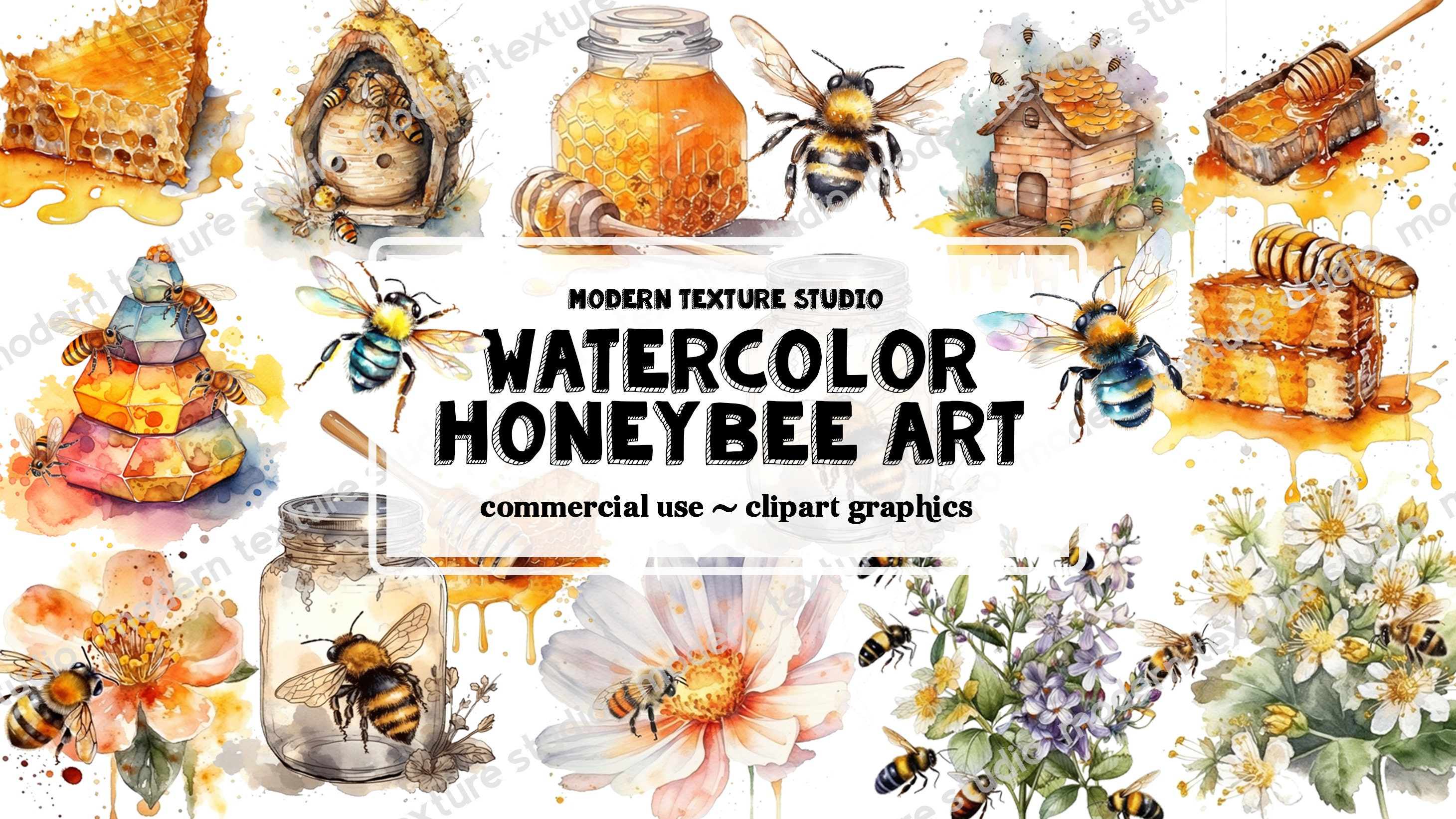 Watercolor Honey Bee Clipart 18 Piece Honey Bee Floral Honey Jar Bee ...