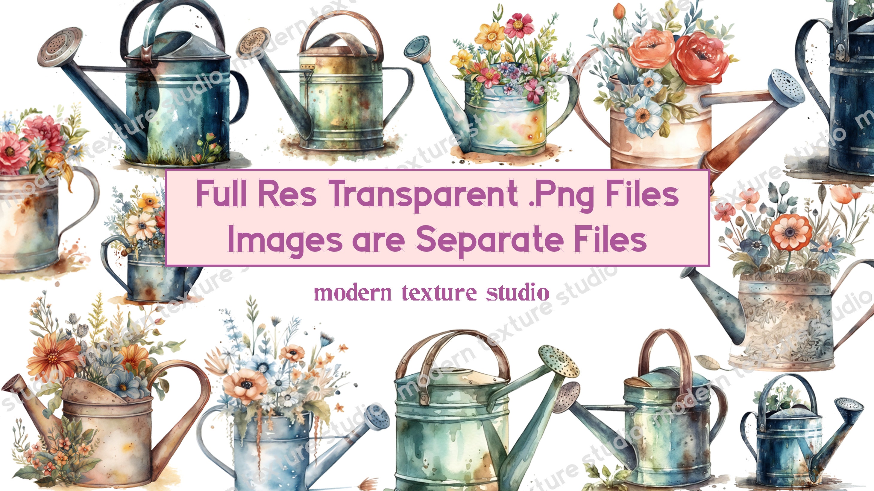 Watercolor Floral Watering Cans Clipart 15 Piece Floral Gardening ...