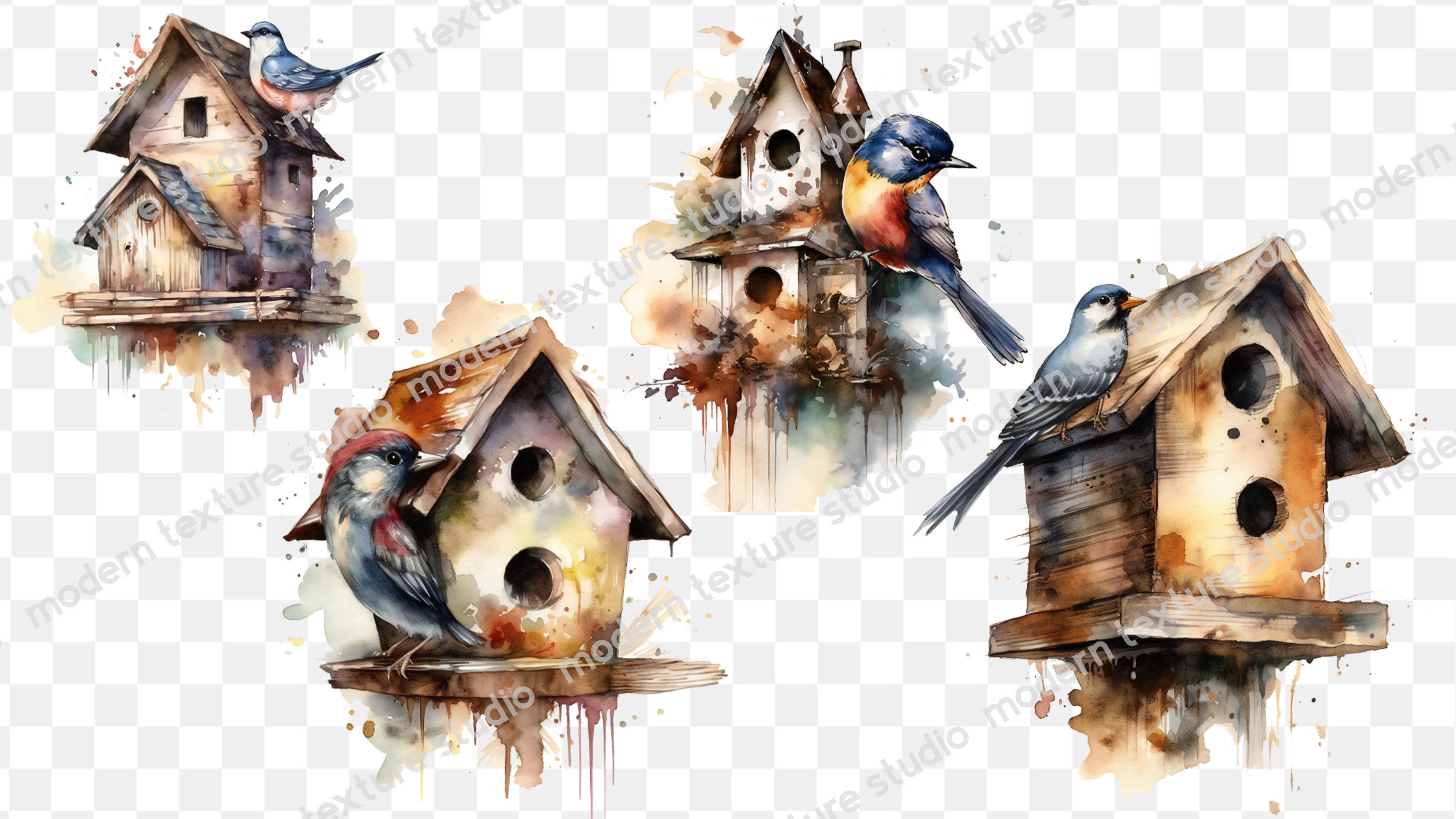 Watercolor Bird House Clipart - 20 Pack Springtime Cute Birdhouses and ...