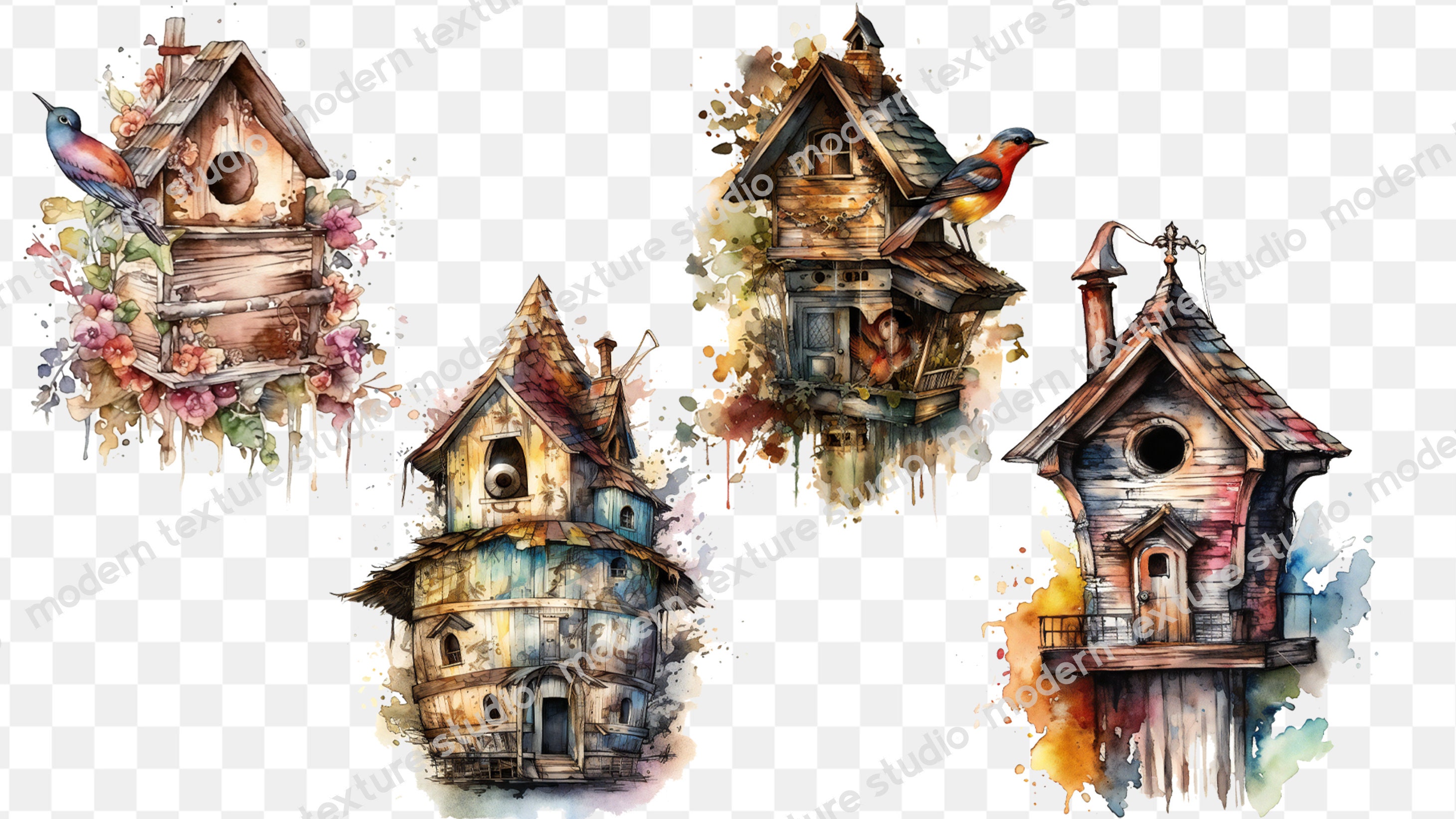 Watercolor Bird House Clipart - 20 Pack Springtime Cute Birdhouses and ...